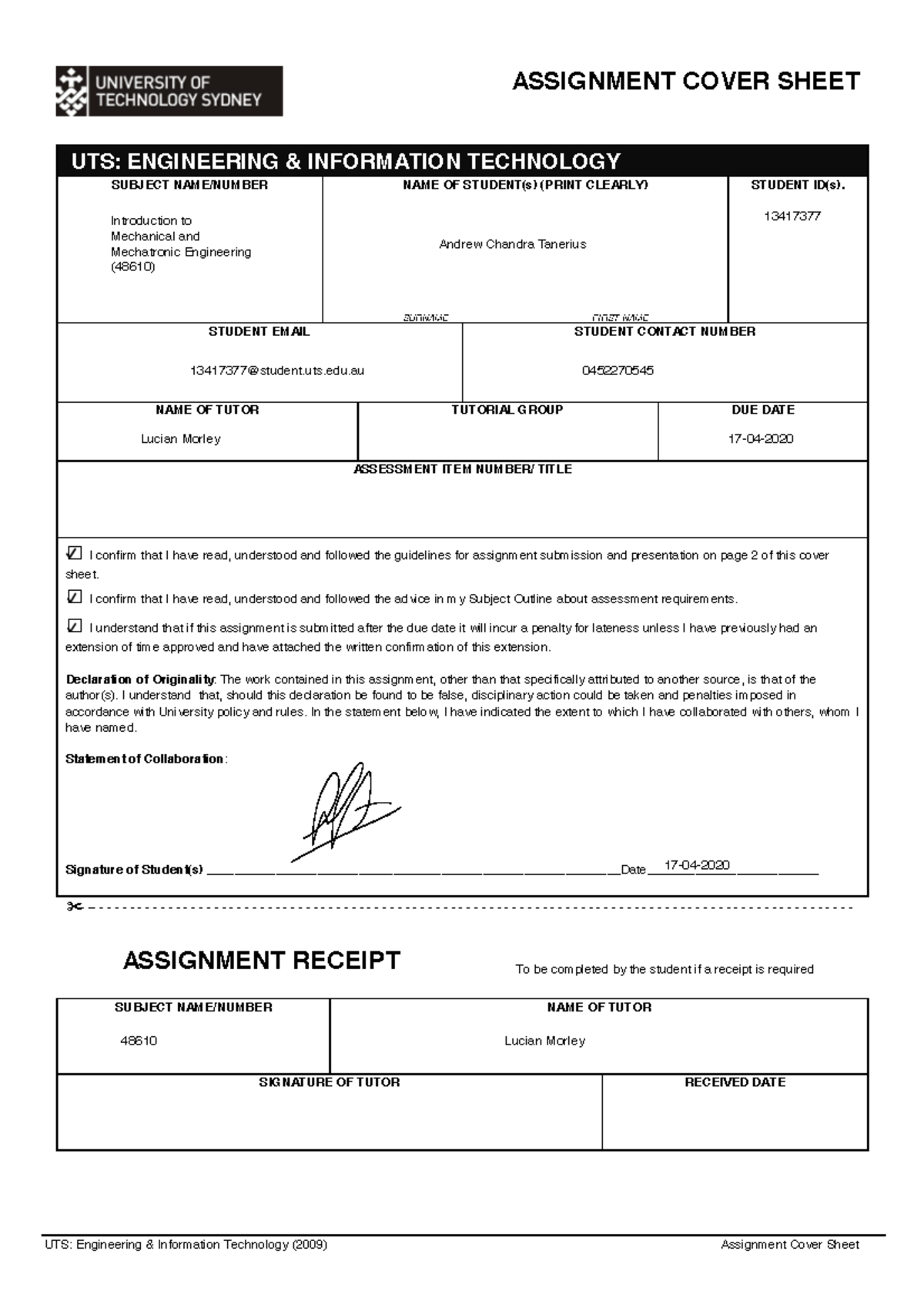 Assesment cover sheet - UTS: Engineering & Information Technology (2009 ...