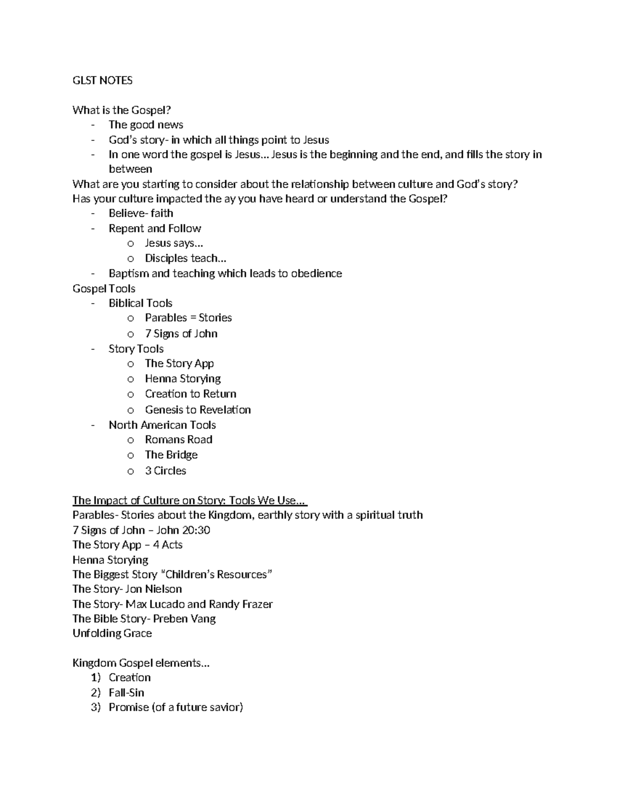 GLST Notes 2 - n/a - GLST NOTES What is the Gospel? - The good news ...