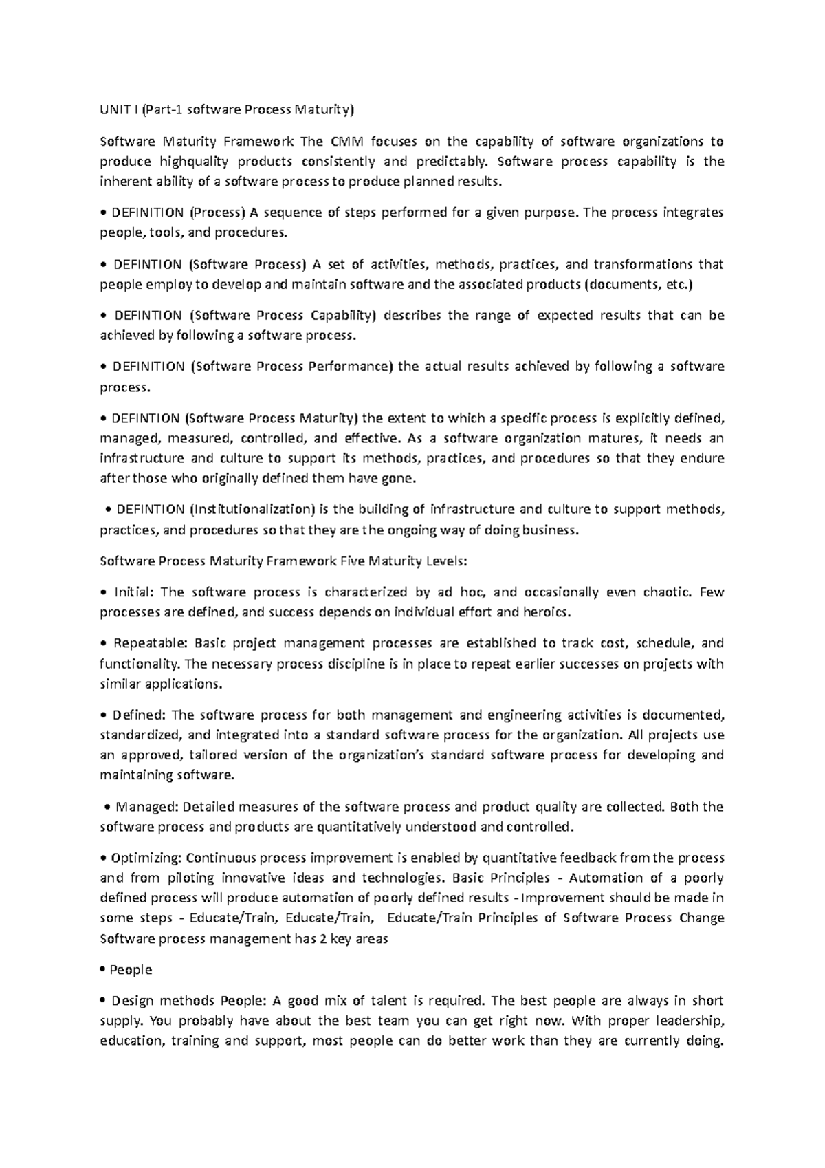 SPPM UNIT 1 - UNIT I (Part-1 software Process Maturity) Software Maturity Framework The CMM ...