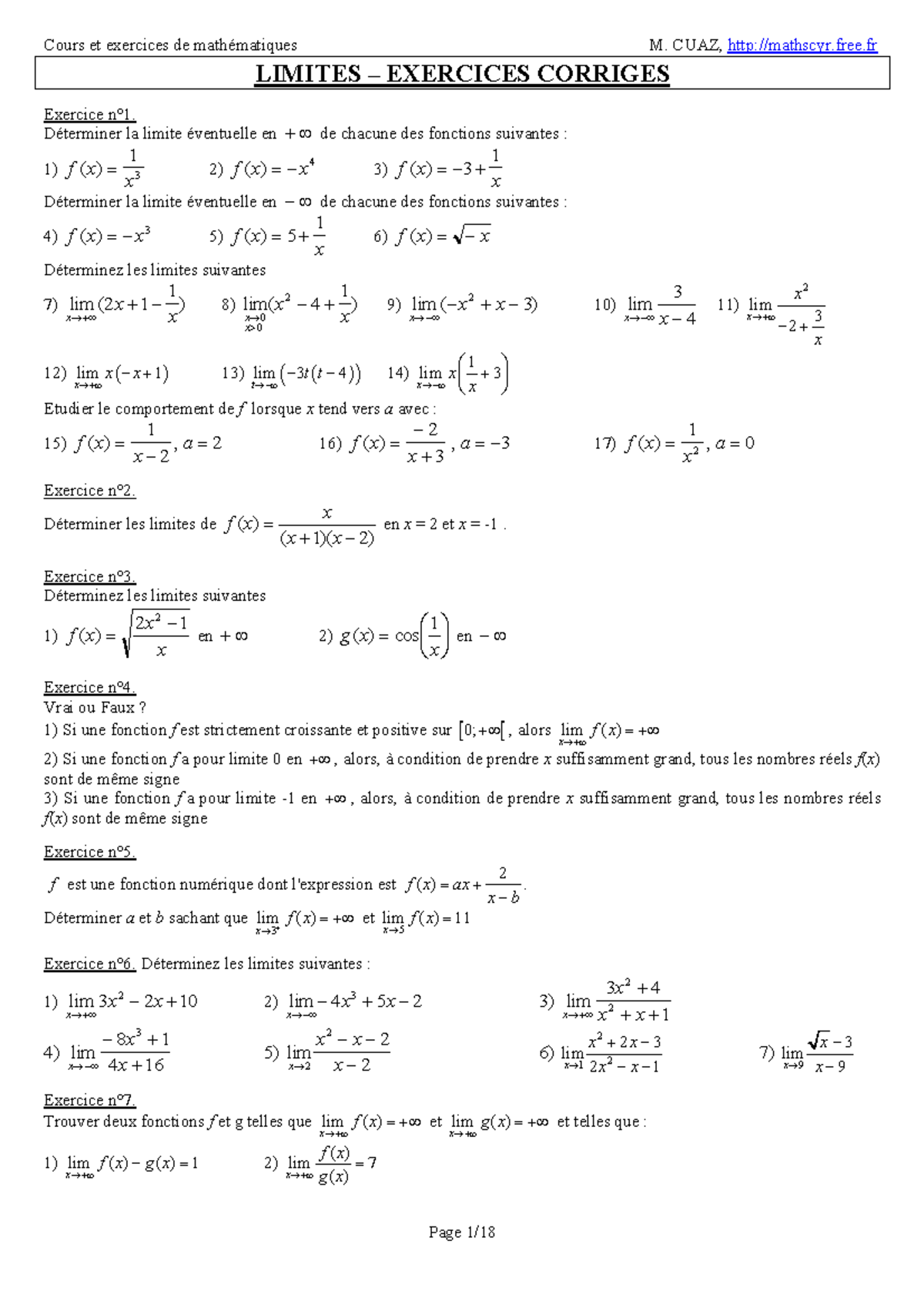Exercices corriges sur limites - LIMITES – EXERCICES CORRIGES Exercice ...