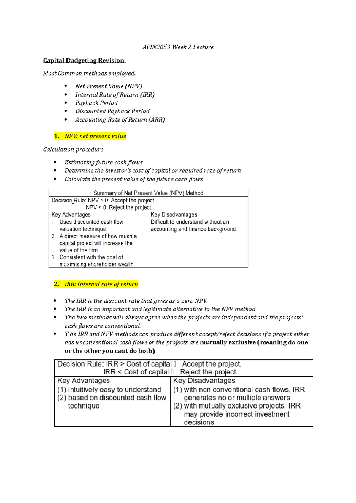 AFIN2053 Week 2 Lecture - AFIN2053 Week 2 Lecture Capital Budgeting ...