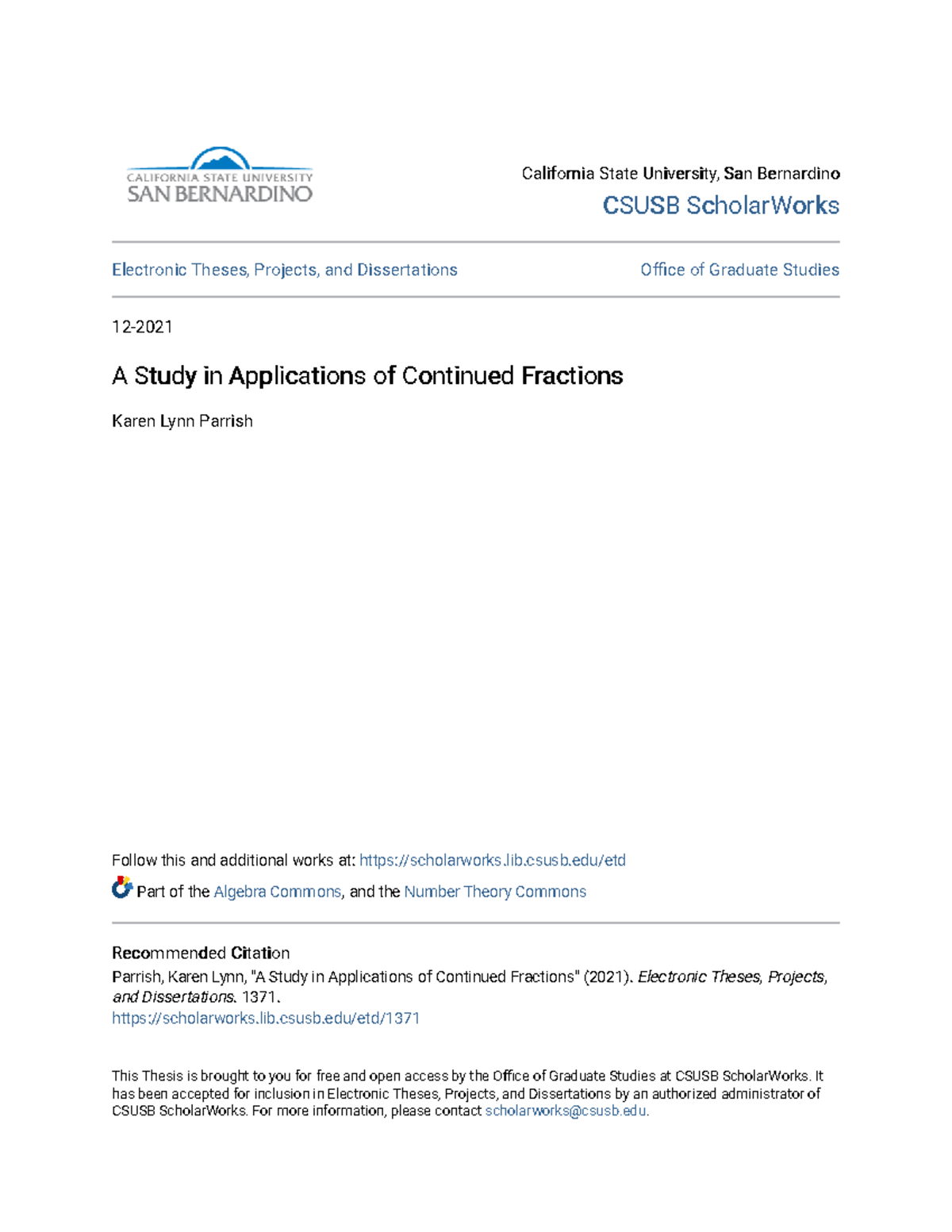 A Study in Applications of Continued Fractions - lib.csusb/etd Part of ...