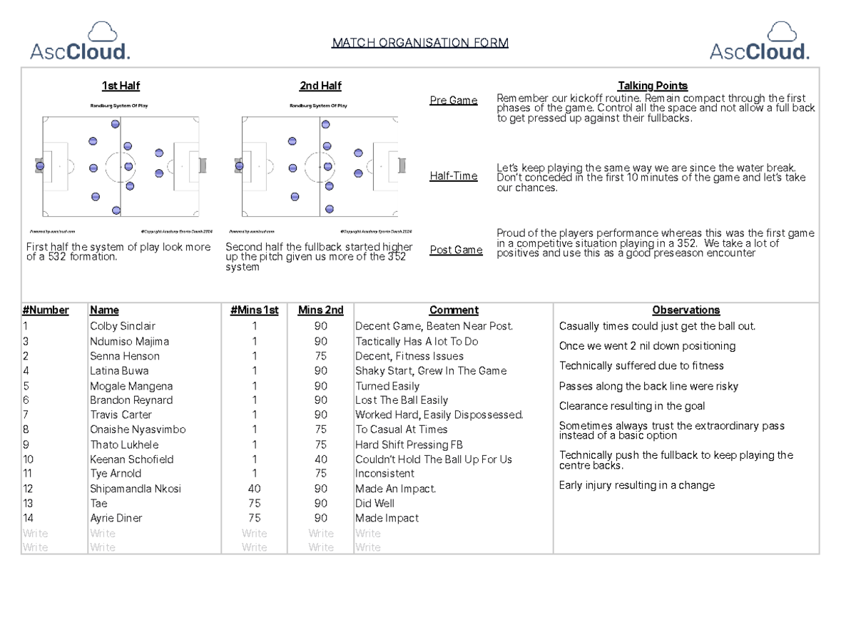Match Report SOE 2 - MATCH ORGANISATION FORM 1st Half 2nd Half Pre Game ...