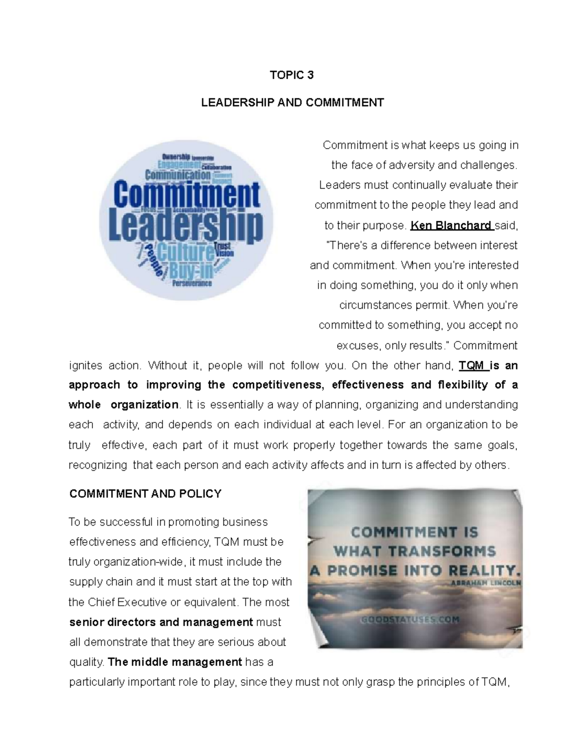 Topic 3 Leadership AND Commitment TQM - TOPIC 3 LEADERSHIP AND ...