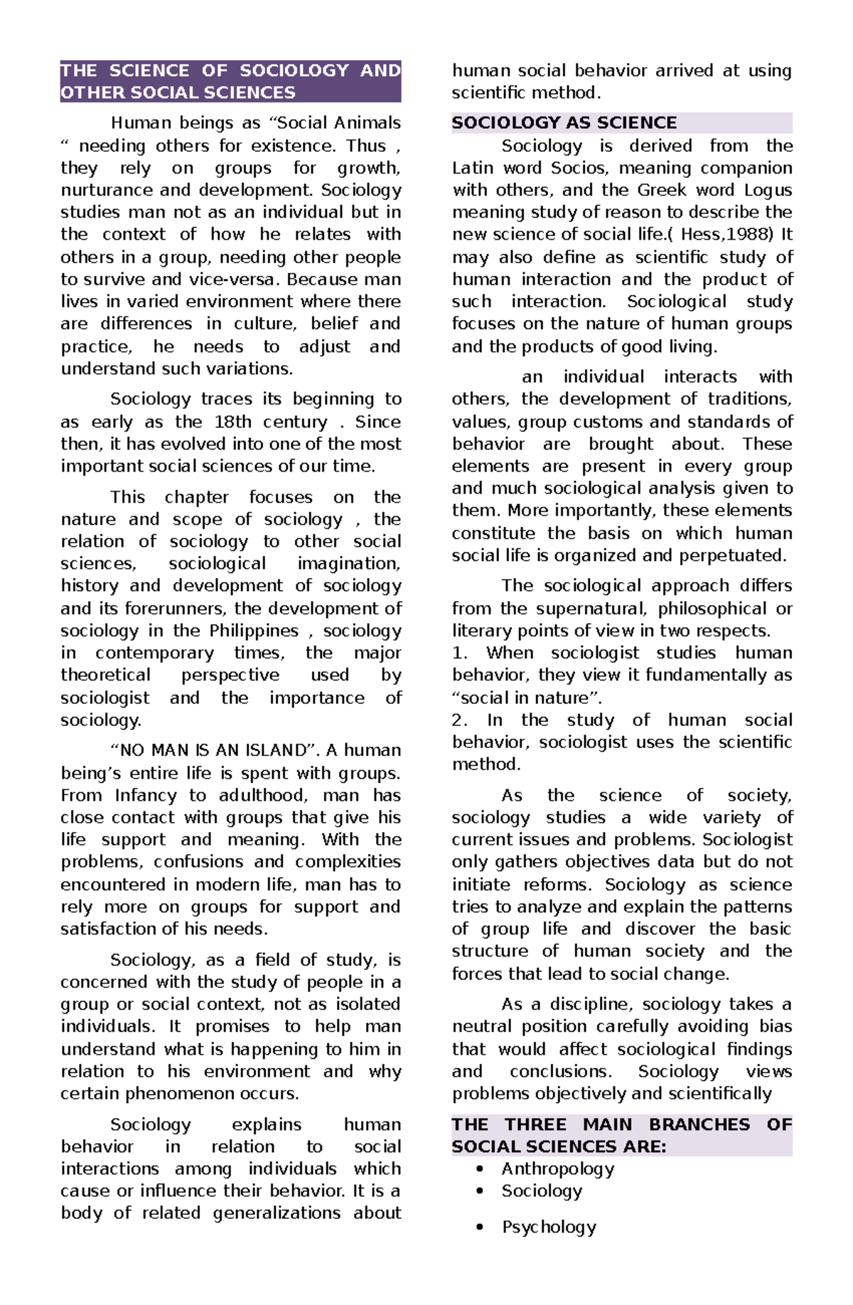 Topic Lecture 1 Social Sciences & Philosophy - THE SCIENCE OF SOCIOLOGY ...