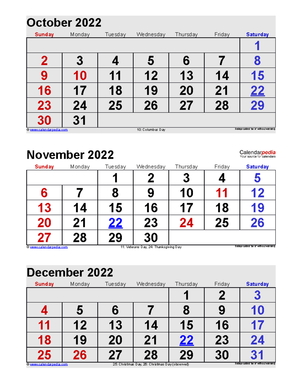 November 2022 calendar portrait 3 months - Sunday Monday Tuesday ...