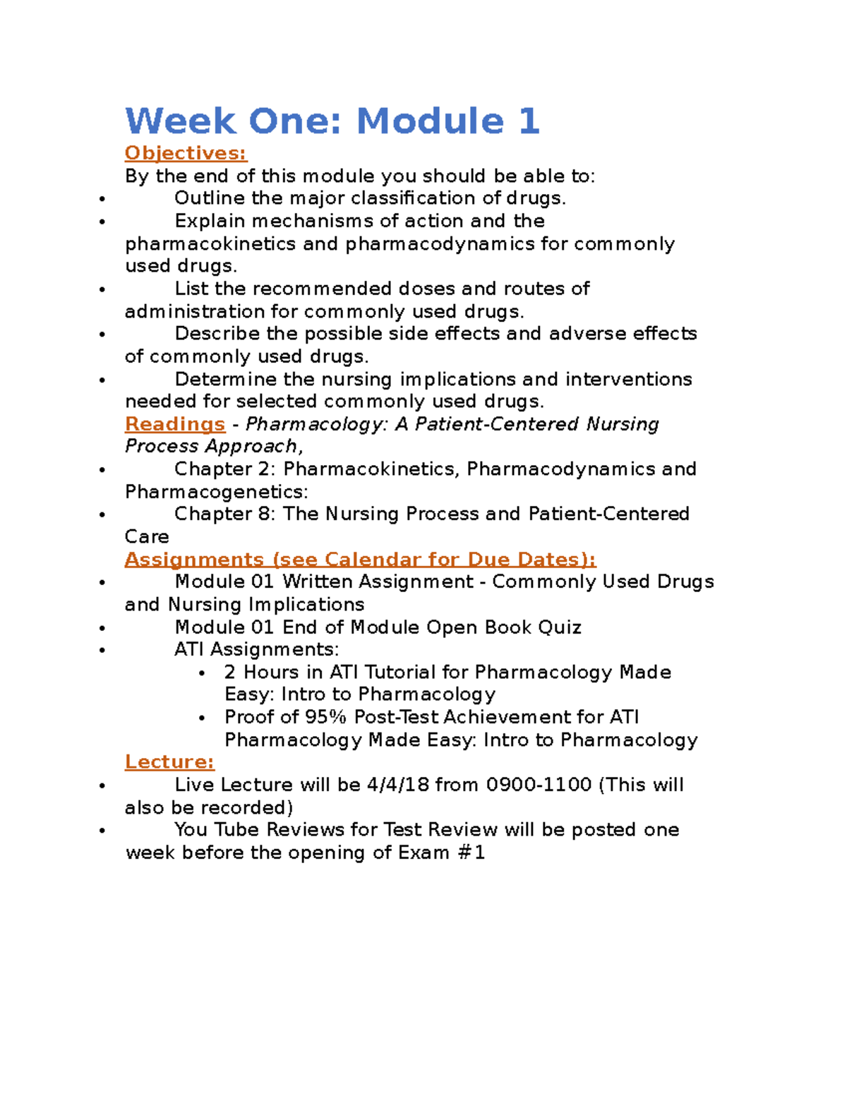 Week One - week one - Week One: Module 1 Objectives: By the end of this ...