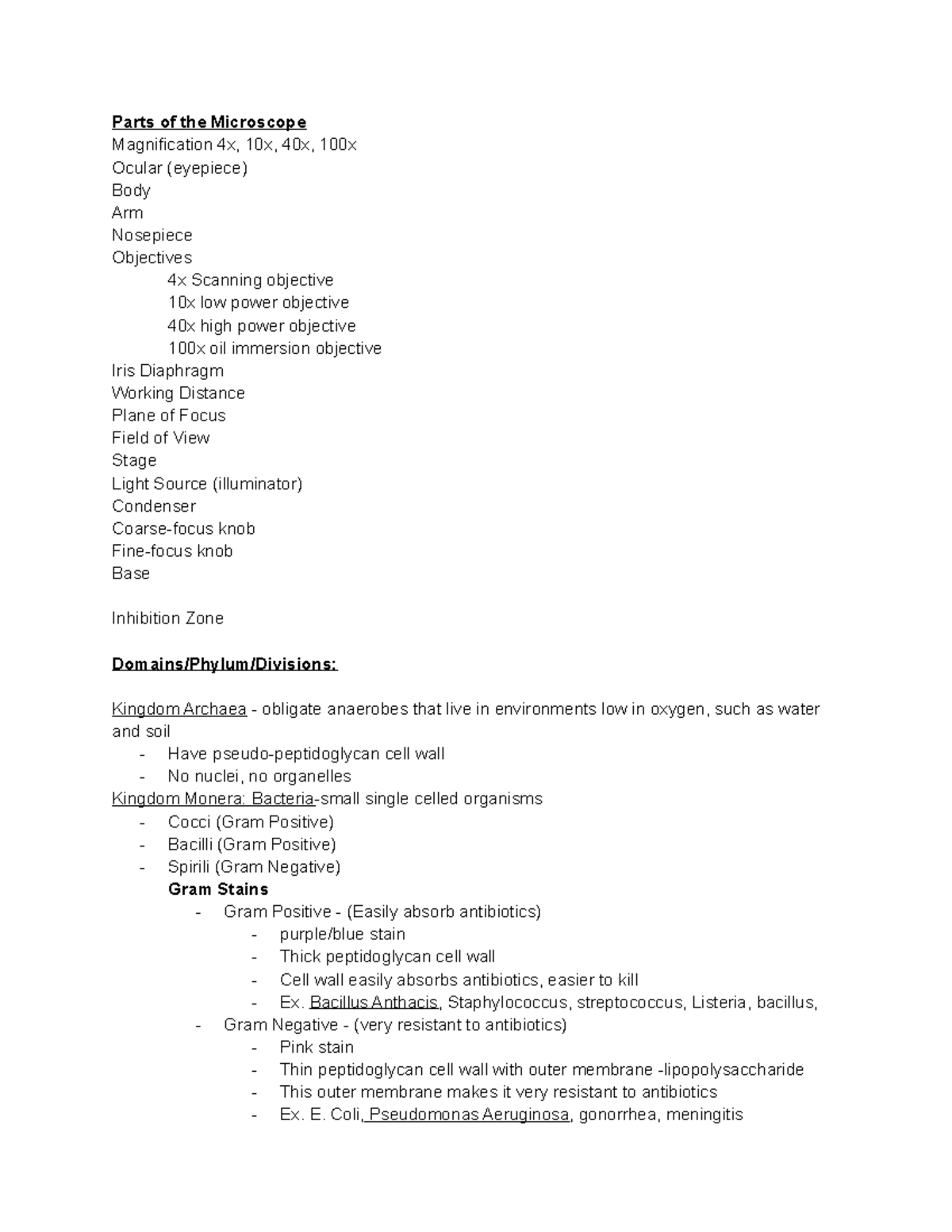 Midterm Biodiversity Lab - Parts of the Microscope Magnification 4x, 10x, 40x, 100x Ocular - Studocu