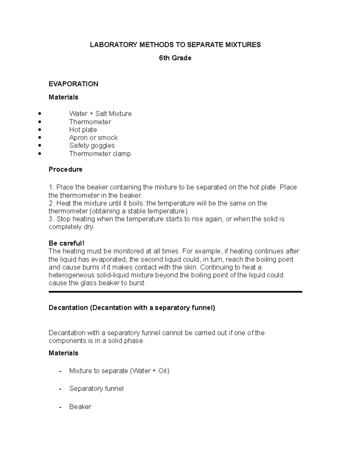 Laboratory Methods TO Separate Mixtures - LABORATORY METHODS TO ...