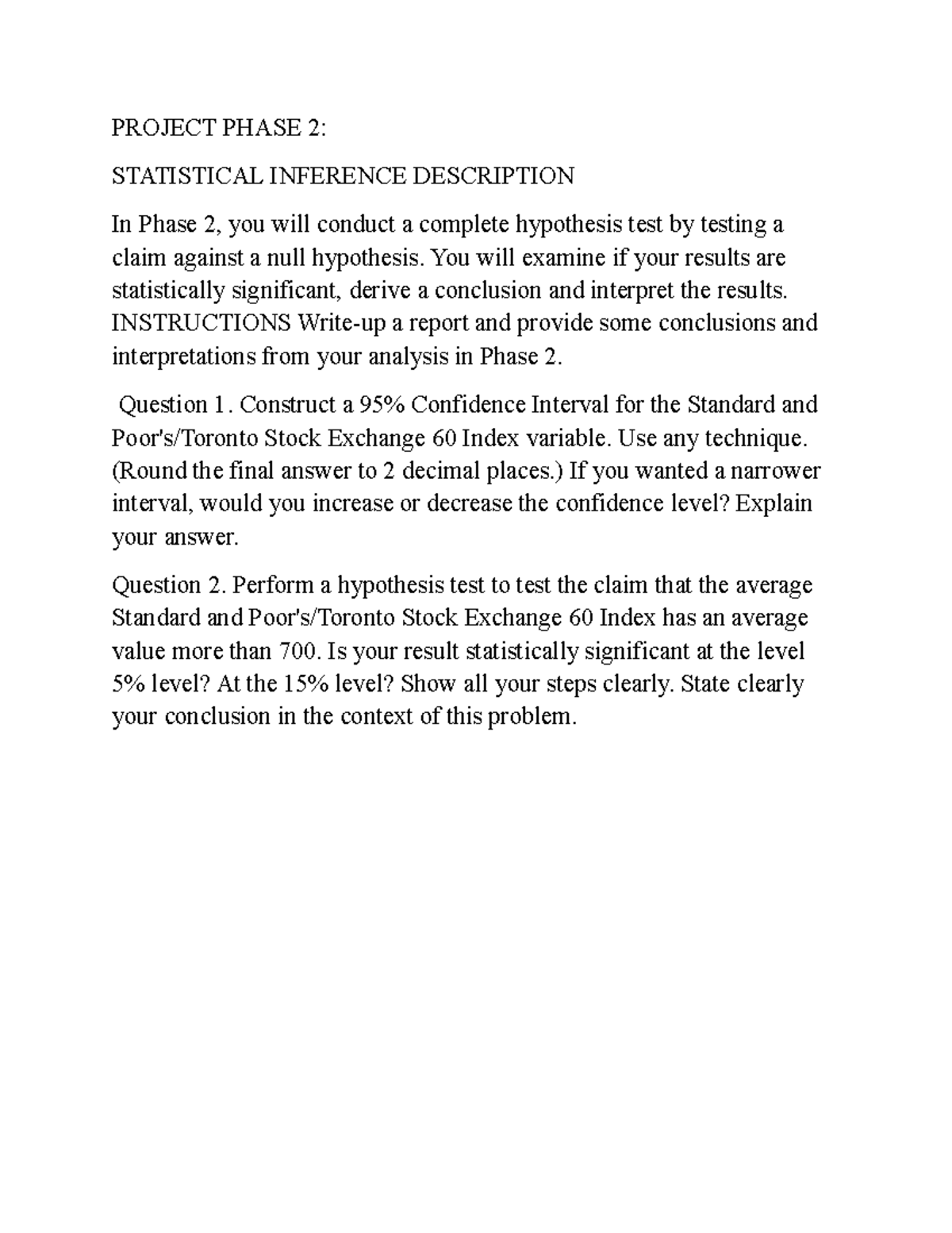 Project Phase 2 Need To Solve This Problem Project Phase 2 Statistical Inference 