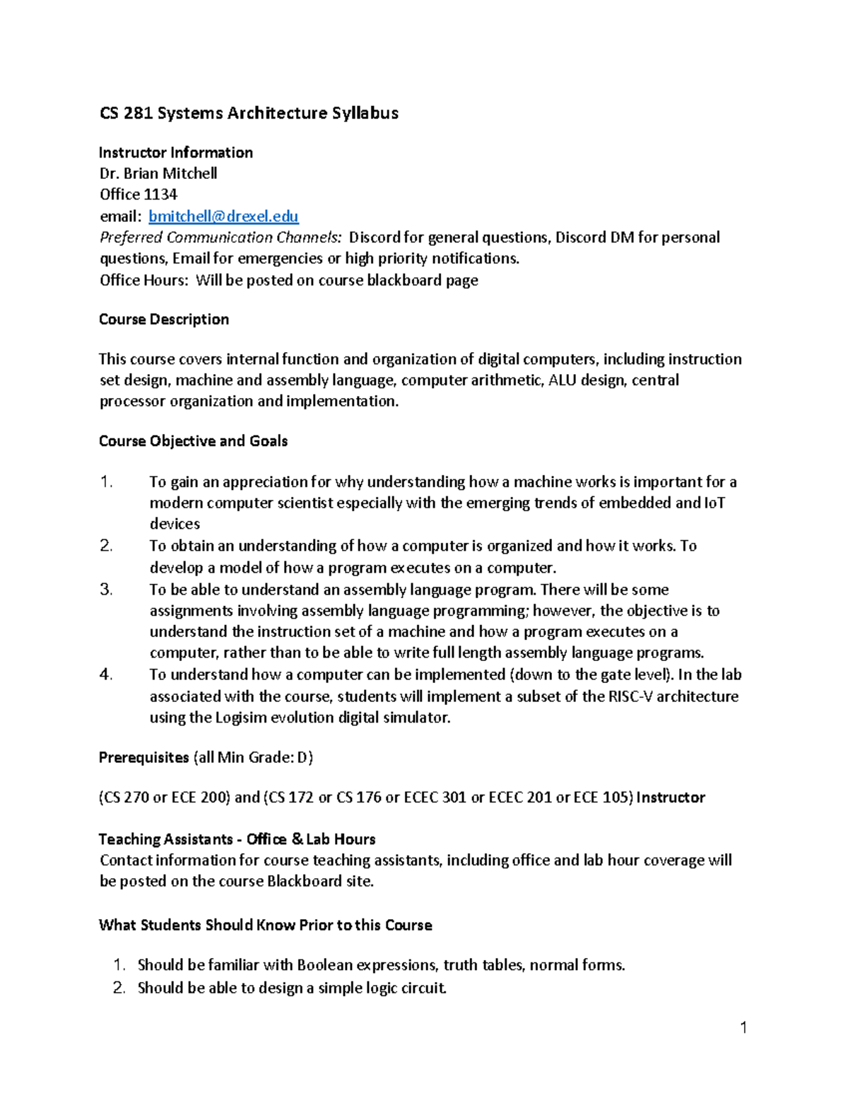 Cs281 syllabus riscv v2 - CS 281 Systems Architecture Syllabus Instructor Information Dr. Brian ...