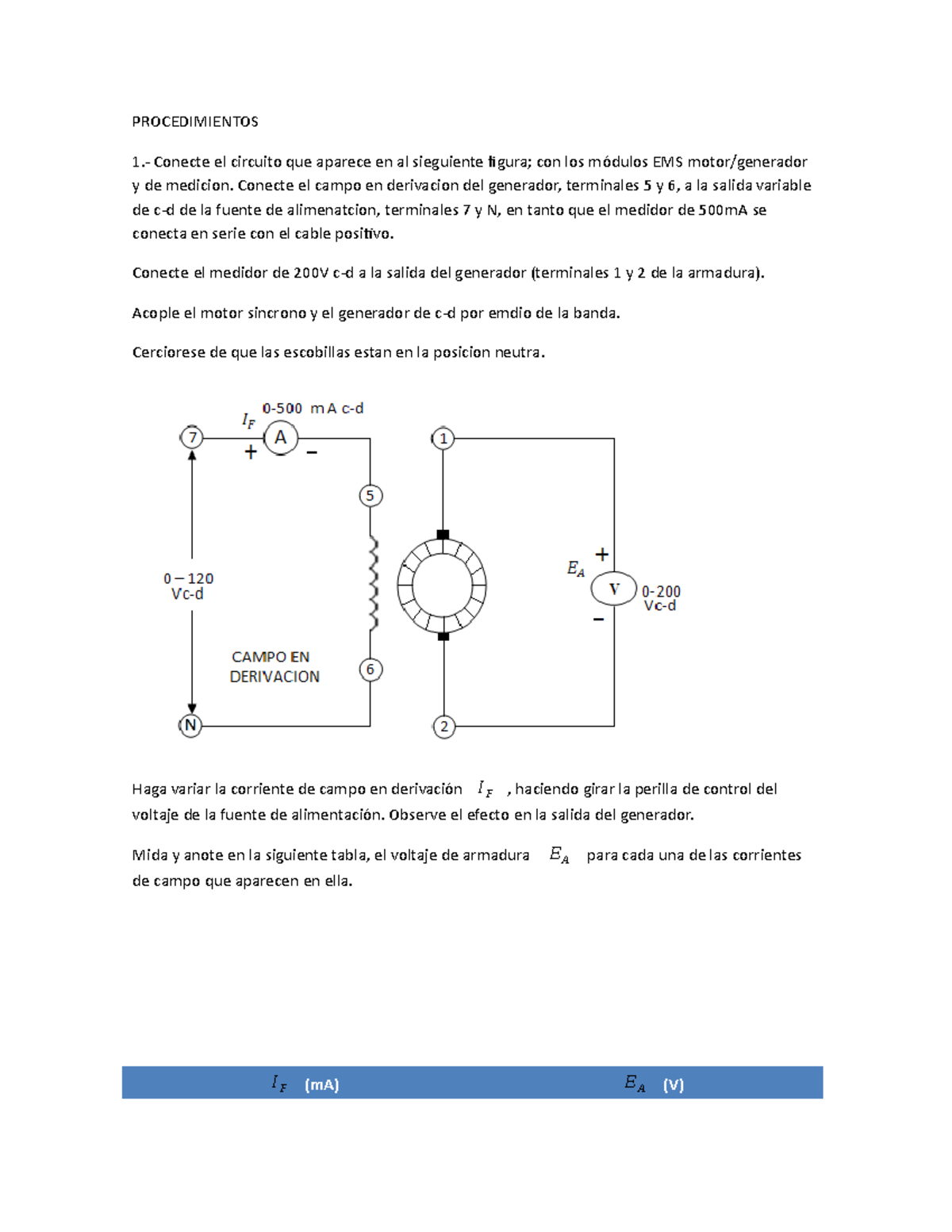 Laboratorio DE Maquinas Electricas 1 - PROCEDIMIENTOS 1.- Conecte el circuito que aparece en al ...