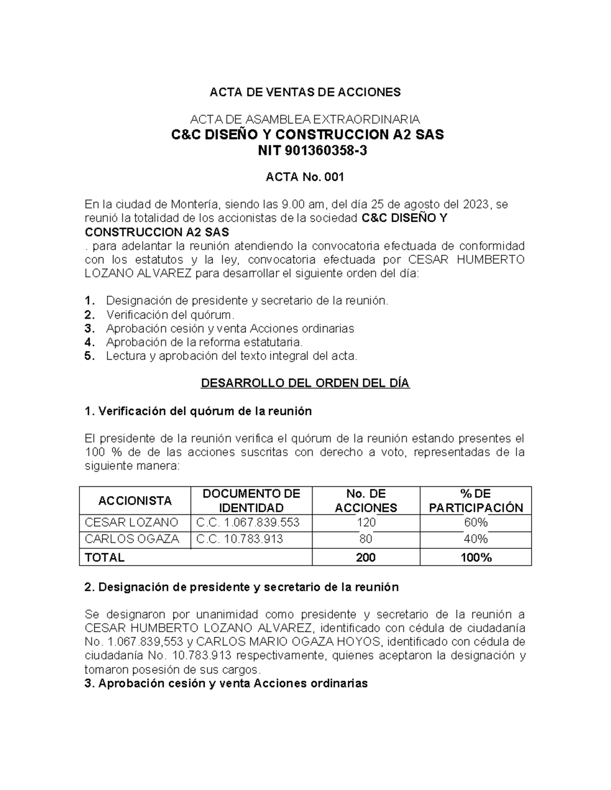 ACTA Venta DE Acciones - ACTA DE VENTAS DE ACCIONES ACTA DE ASAMBLEA ...