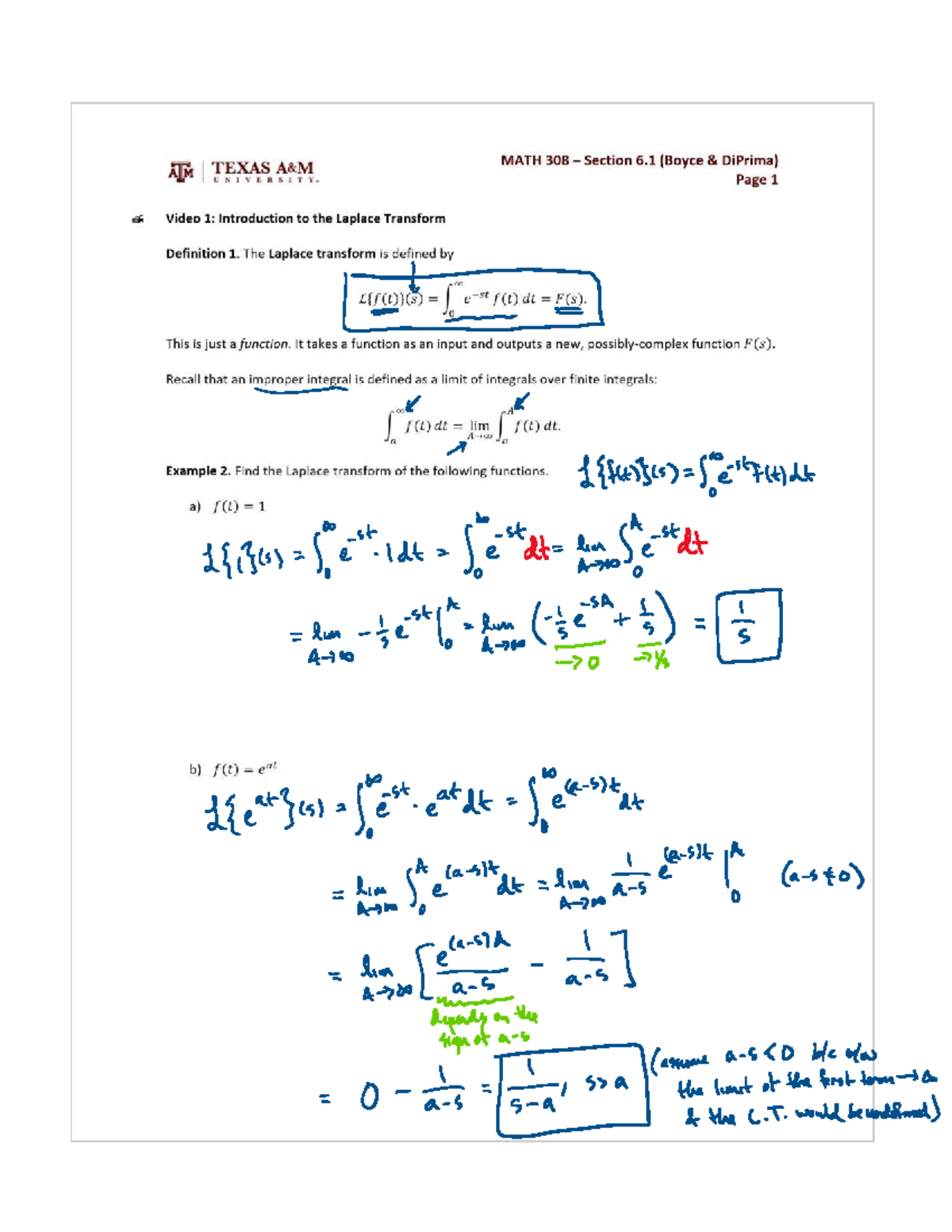 Diff EQ - 6.1 Completed (Boyce Di Prima) - ATM TEXAS MATH 308 Section 6 ...