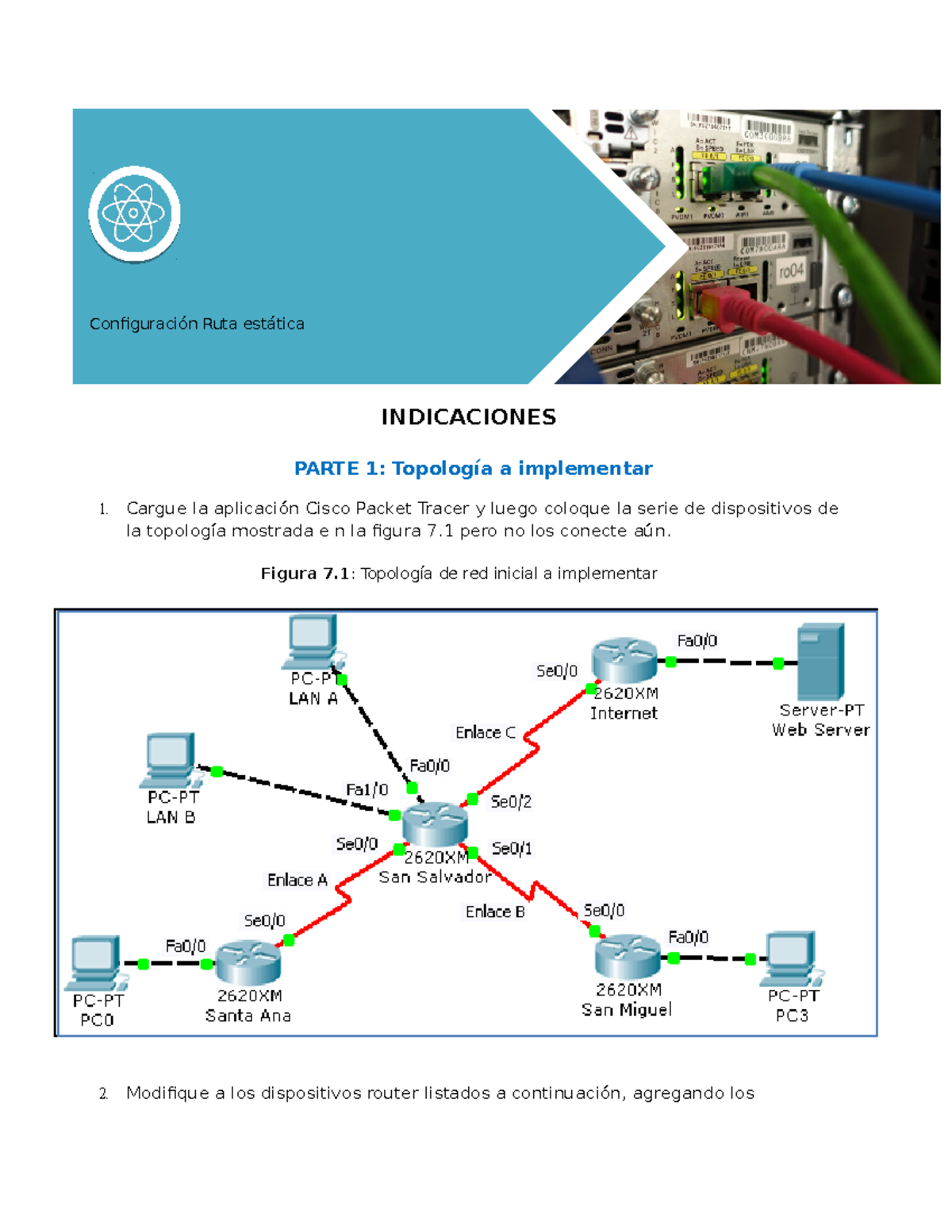 Configuración Ruta estática ok.docx, jueves - INDICACIONES PARTE 1: Topología a implementar ...