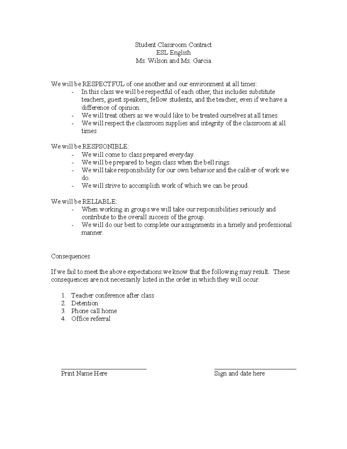 ESL Classroom Contract - Student Classroom Contract ESL English Ms ...
