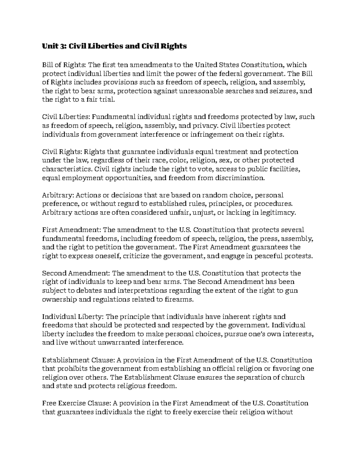 AP US Go Po Vocab Terms - UNIT 3 - Unit 3: Civil Liberties and Civil ...