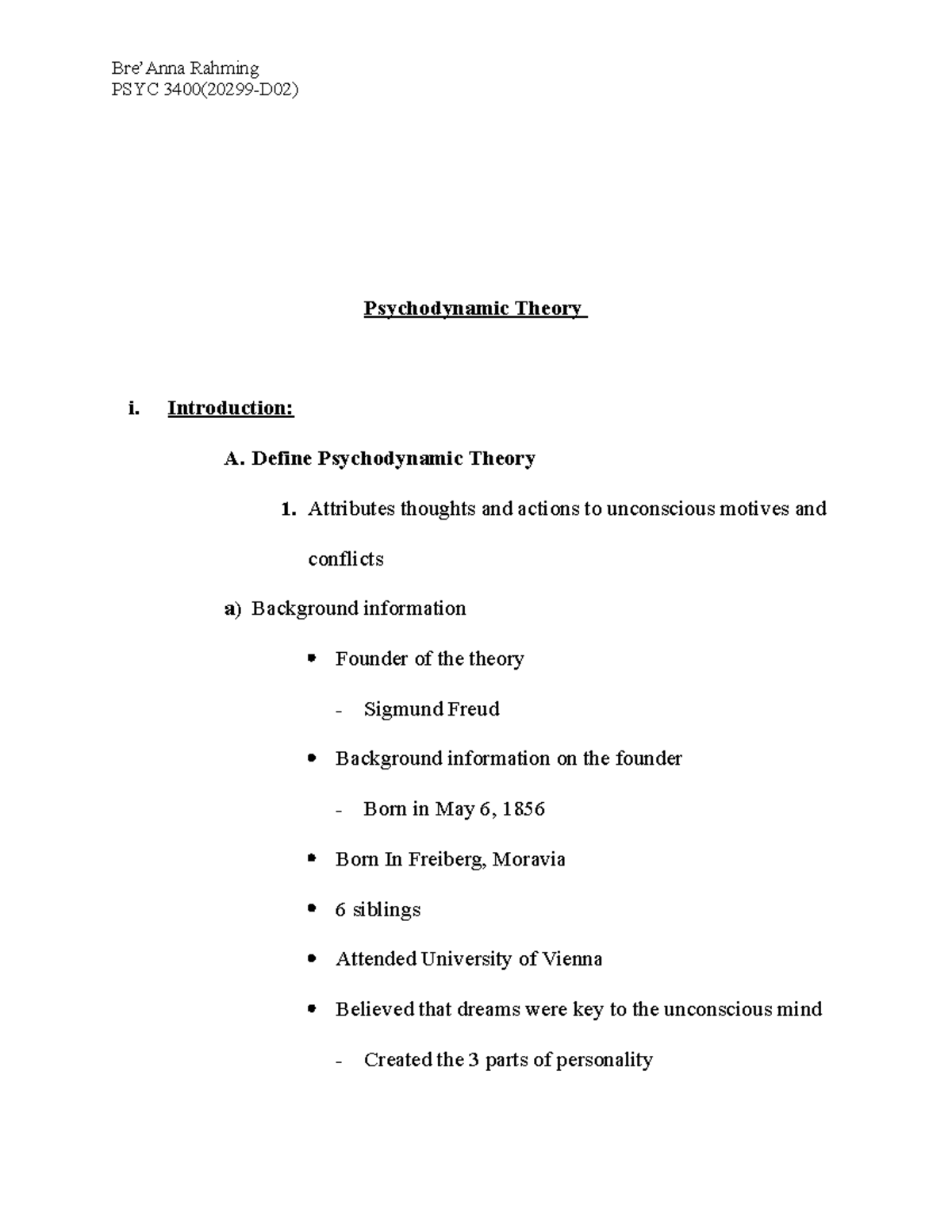 Paper outline- Psychodynamic Theory - Psychodynamic Theory i ...