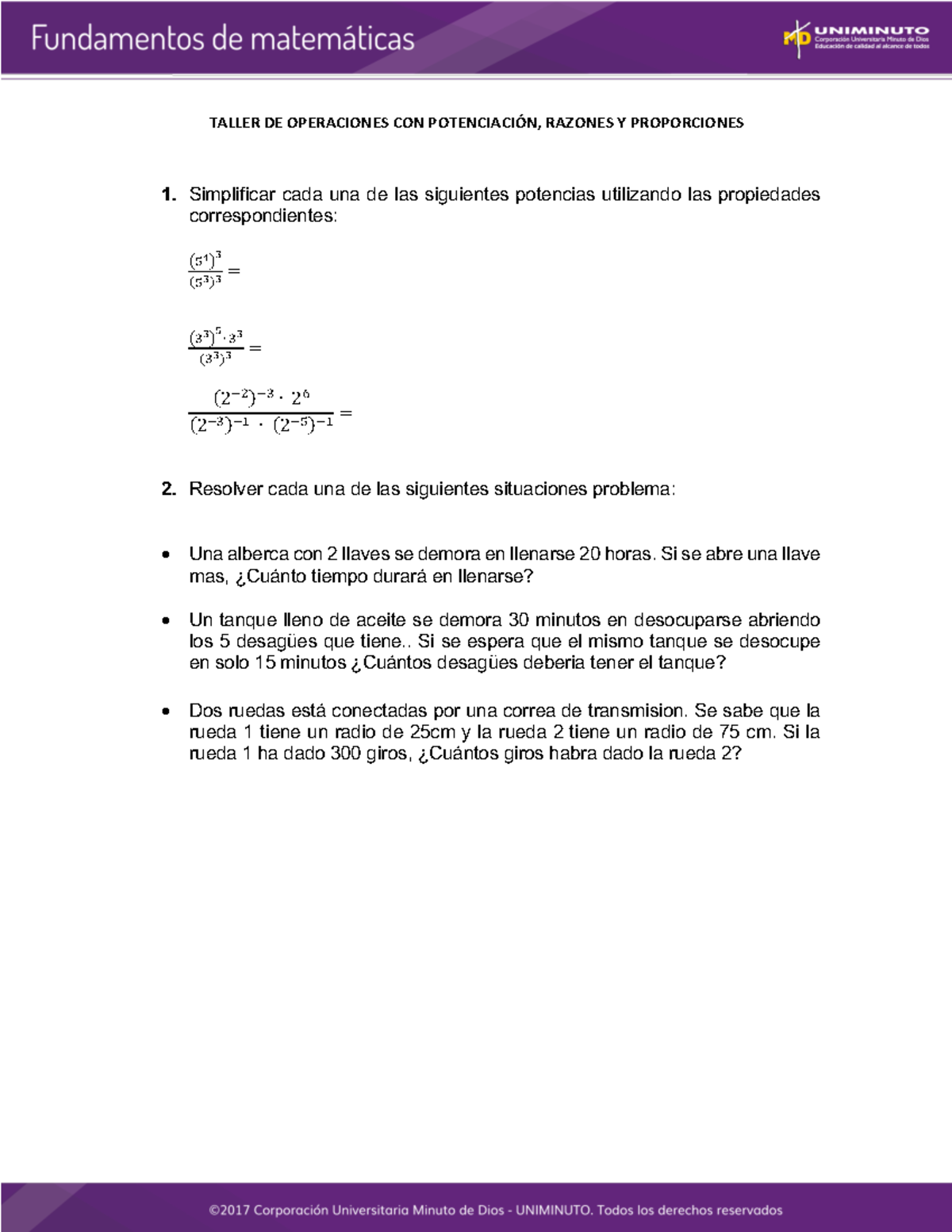 Taller 2 - Potencias - Proporciones - TALLER DE OPERACIONES CON ...