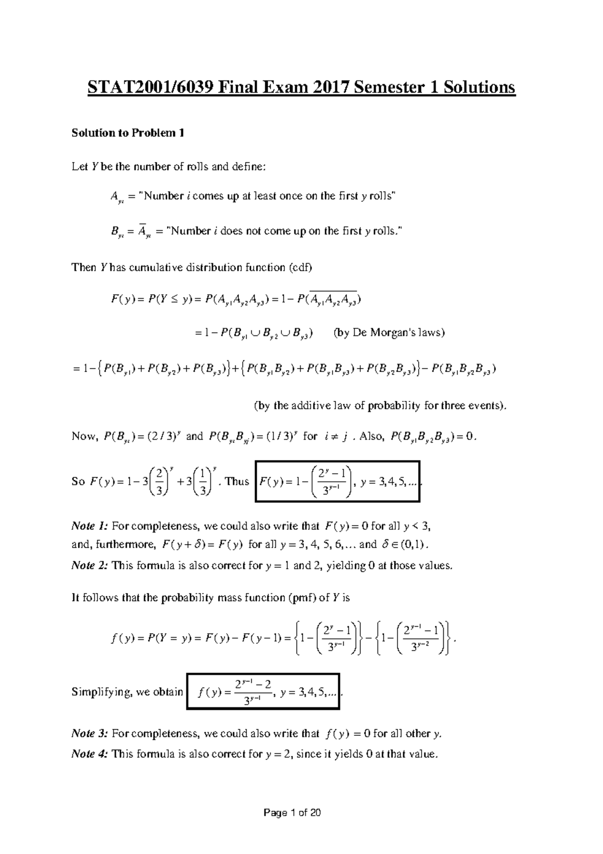 Final Exam July 2017, questions and answers - STAT2001/6039 Final Exam 2017 Semester 1 Solutions ...