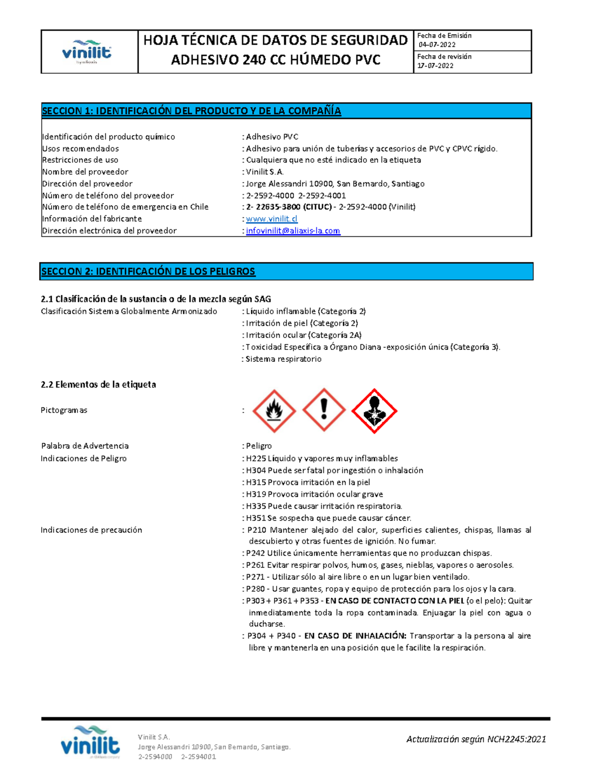 Hoja de Seguridad Adhesivo 240 cc Húmedo Pvc - HOJA TÉCNICA DE DATOS DE SEGURIDAD ADHESIVO 240 ...