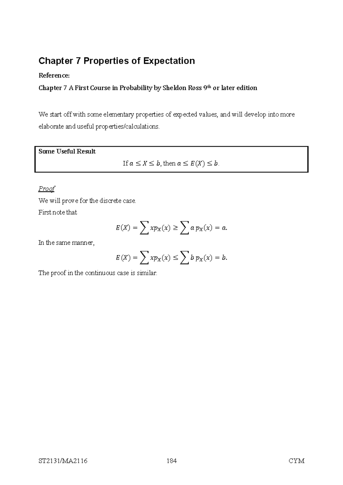 Chapter 7 Properties of Expectation - Chapter 7 Properties of ...
