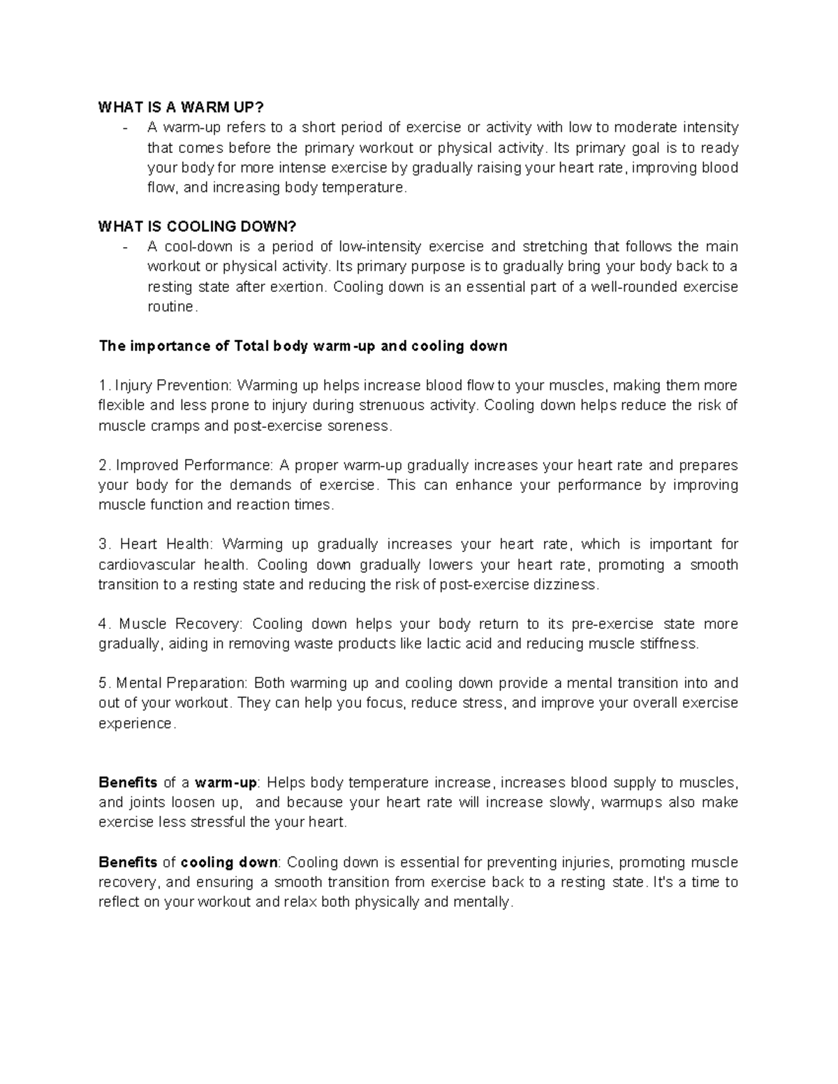 Physical Educ 1 Warm Up Cool Down What Is A Warm Up A Warm Up Refers To A Short Period Of 