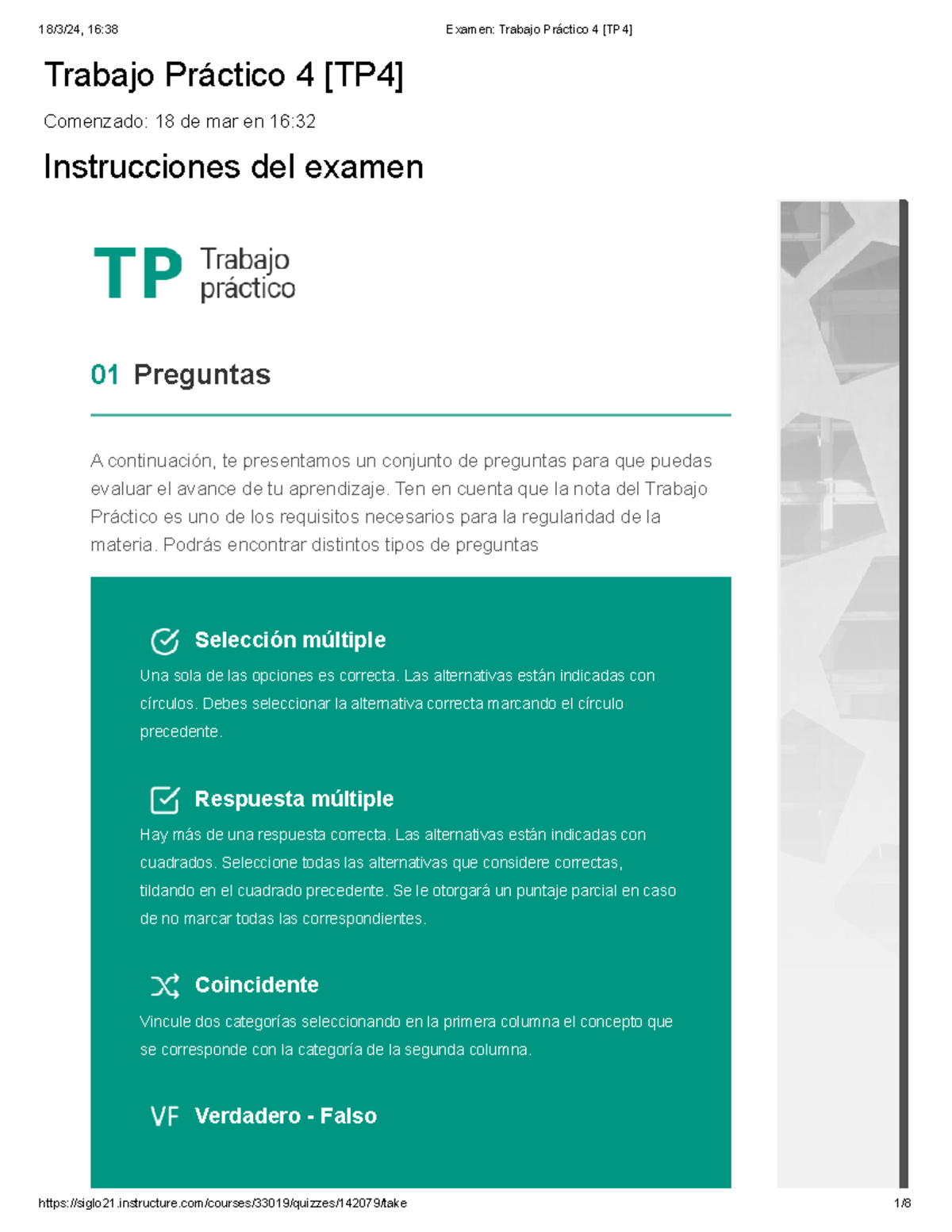 Examen Trabajo Práctico 4 [TP4]50% - Trabajo Práctico 4 [TP4] Comenzado: 18 de mar en 16: - Studocu