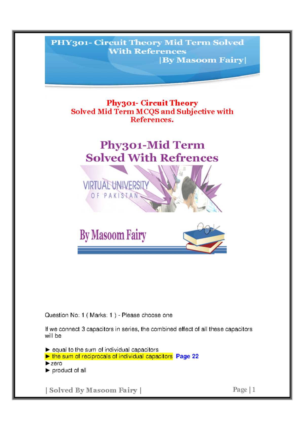 PHY301 Solvedmidtermpaperswithreferencebymasoomfai - Phy301- Circuit Theory Solved Mid Term MCQS ...