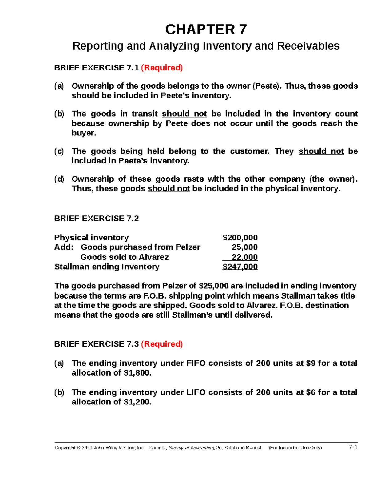 Chapter 7 Homework Solutions - CHAPTER 7 Reporting and Analyzing Inventory and Receivables BRIEF ...
