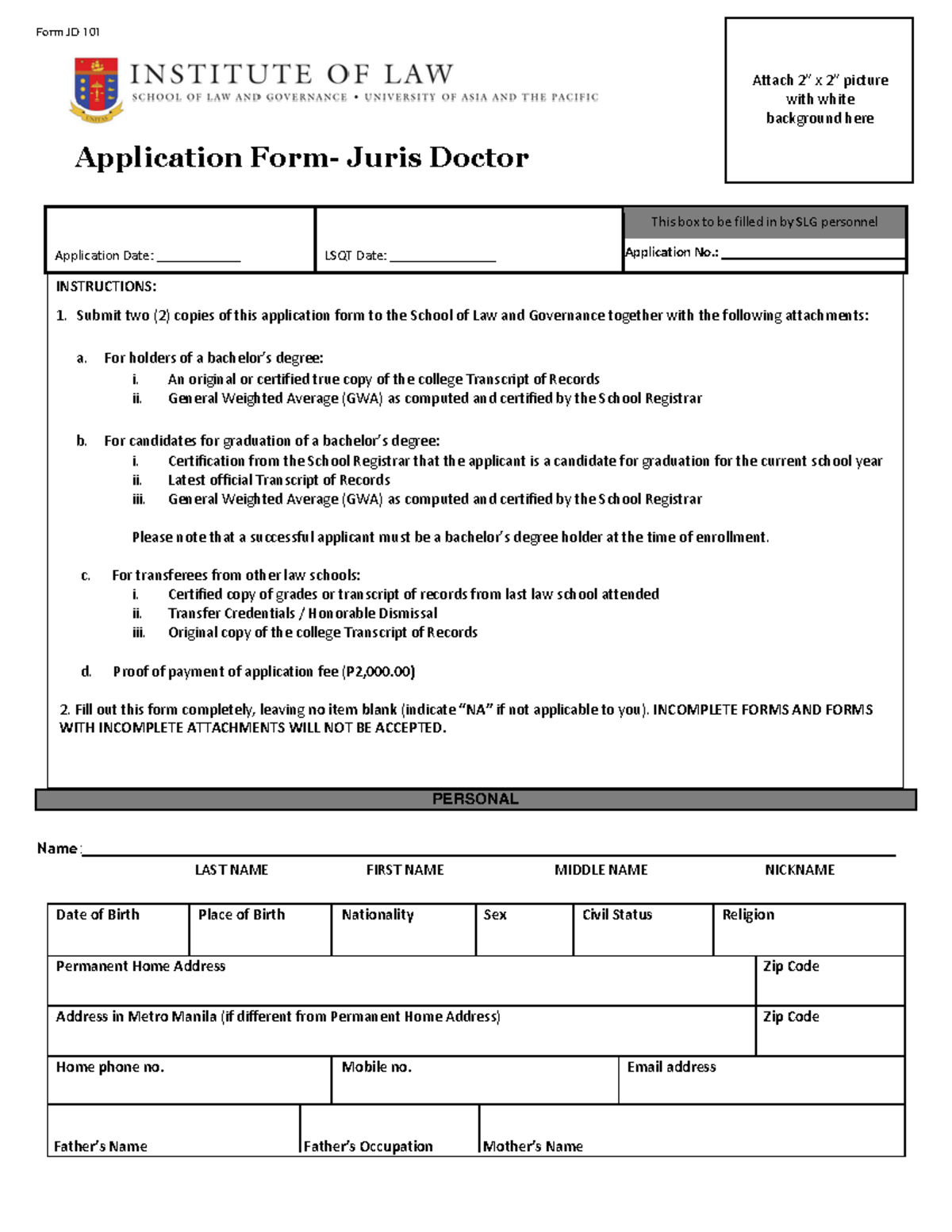 Revised JD Application Form (AY 2023-2024) - Form JD 101 Application ...