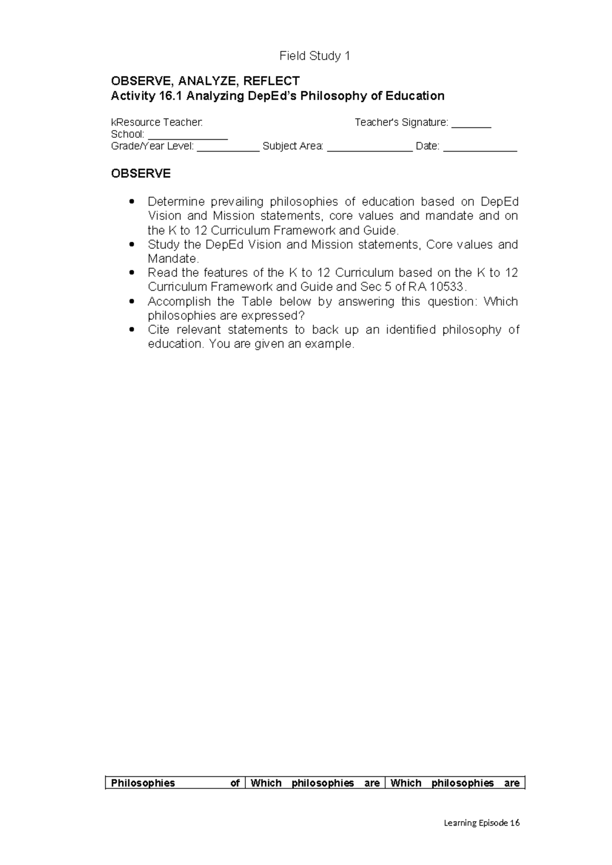 Learning- Episode-16 - OBSERVE, ANALYZE, REFLECT Activity 16 Analyzing ...