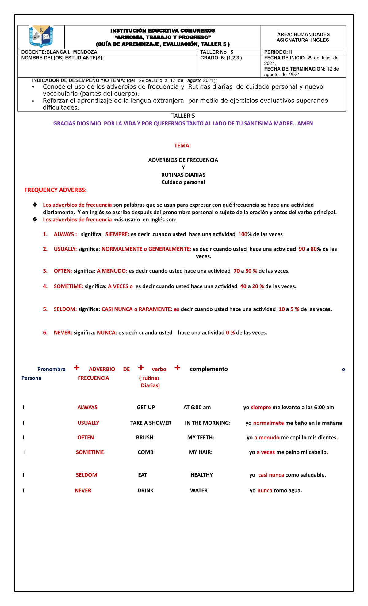 5. 6To Taller-(5) Evaluación de Ingles (adverbios de frecuencia Y ...