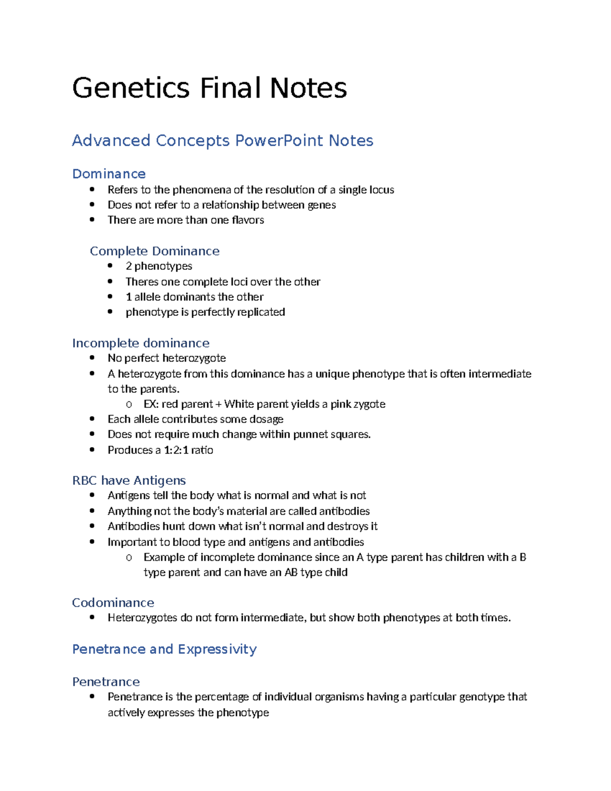 Genetics Final Notes - Genetics Final Notes Advanced Concepts ...