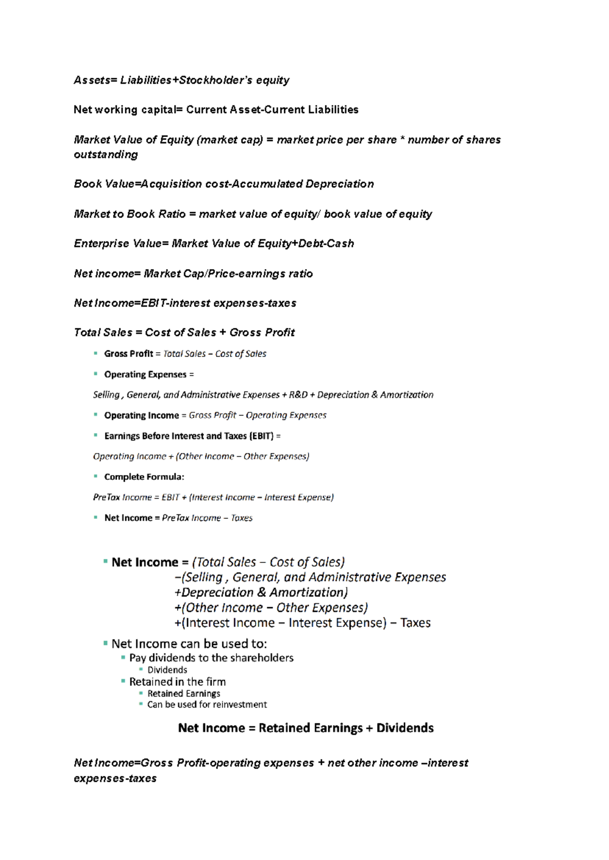 Finance equation sheet - Assets= Liabilities+Stockholder’s equity Net ...