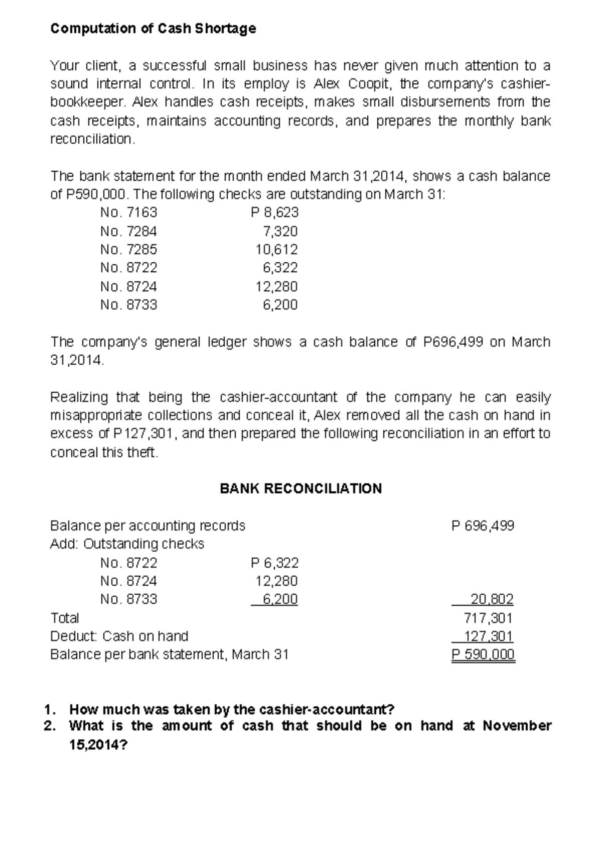 Auditing problems and answers with solutions - Computation of Cash ...