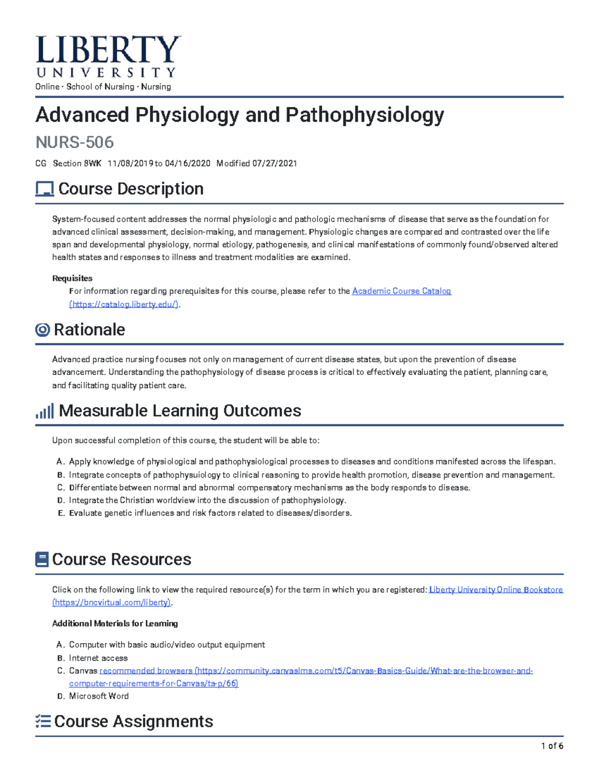 Advanced Physiology and Pathophysiology NURS 506 CG - Course ...