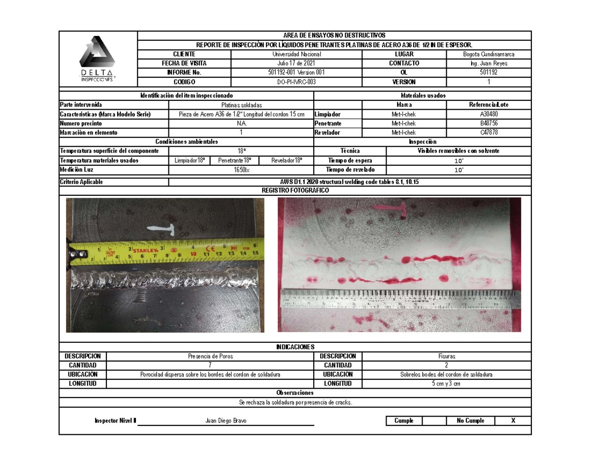 Informe Tintas Penetrantes Coloreadas - Fisuras 2 Sobrelos bodes del ...