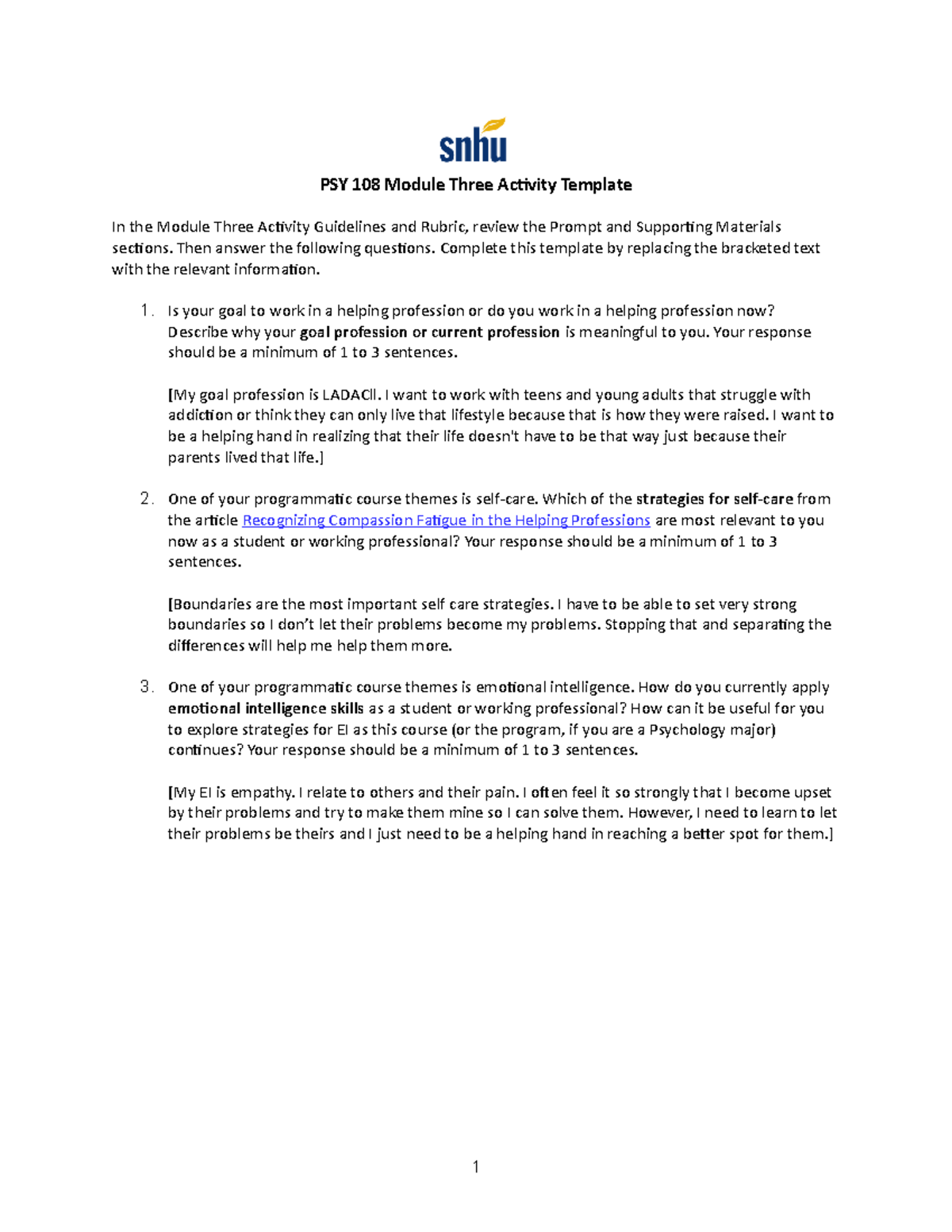 Psychology - assignment 3 - PSY 108 Module Three Activity Template In ...