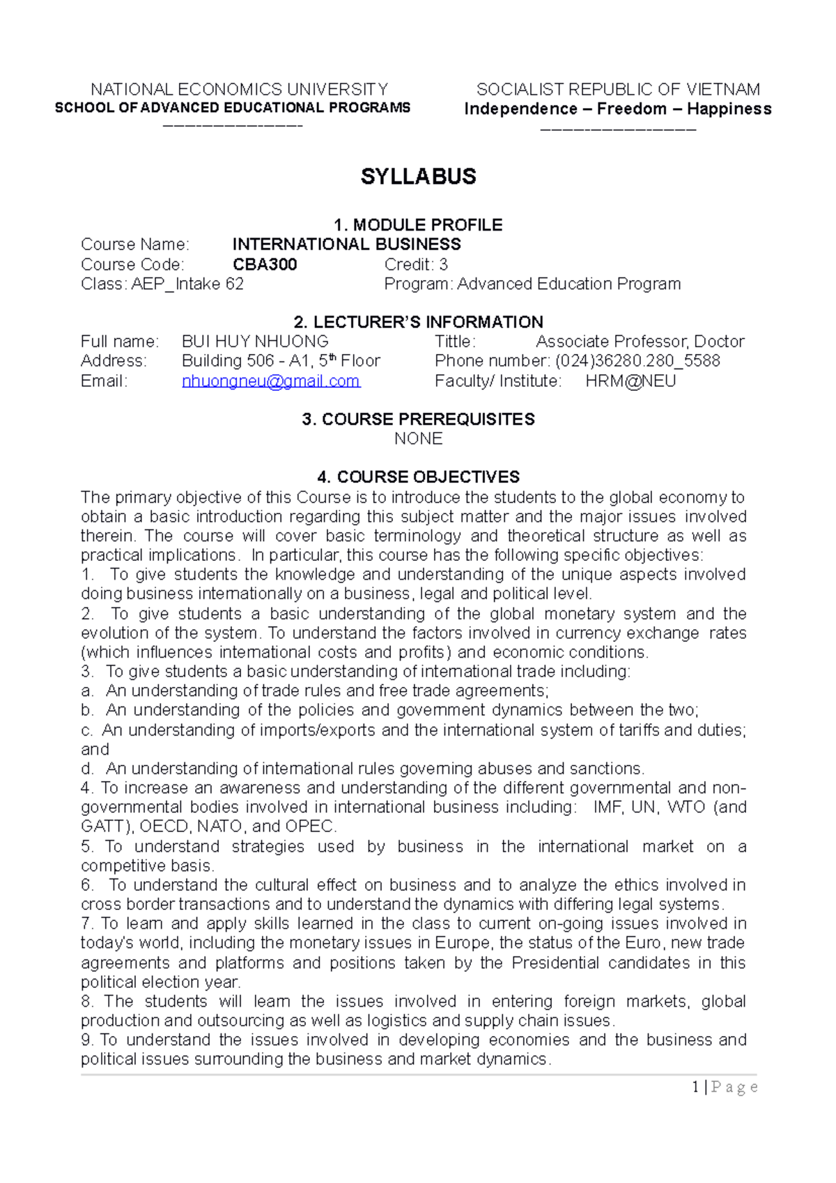 CBA300 Syllabus for AEP62 2 2023 - NATIONAL ECONOMICS UNIVERSITY SCHOOL OF ADVANCED EDUCATIONAL ...