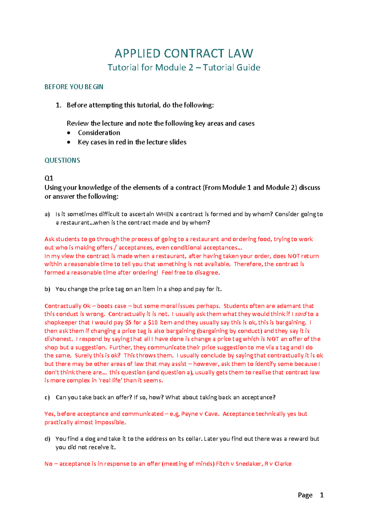 Tutorial Q & Ans - Tuotrial 3 - APPLIED CONTRACT LAW Tutorial for Module 2 – Tutorial Guide ...