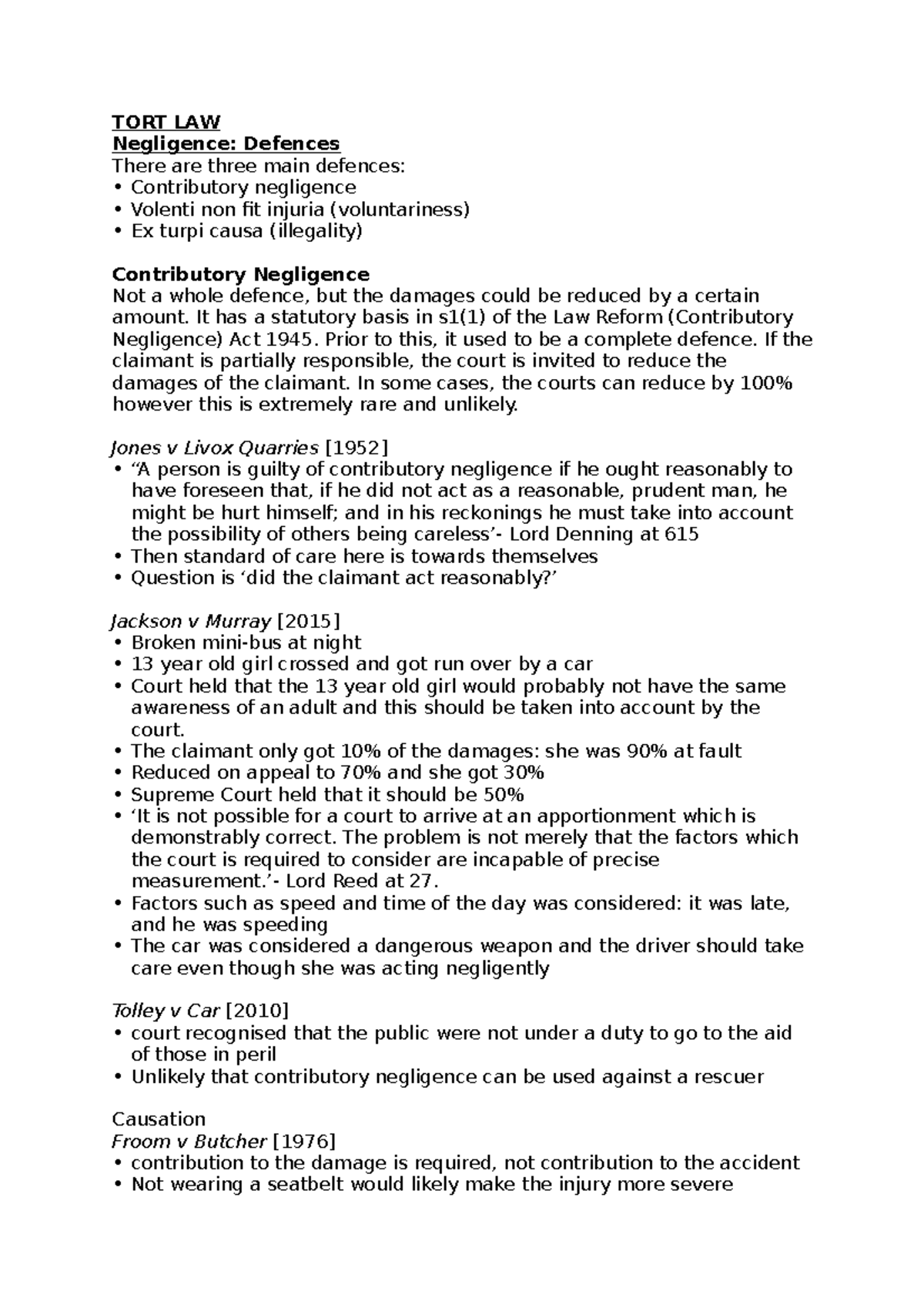 Negligence- Defences - Lecture notes 16 - TORT LAW Negligence: Defences ...
