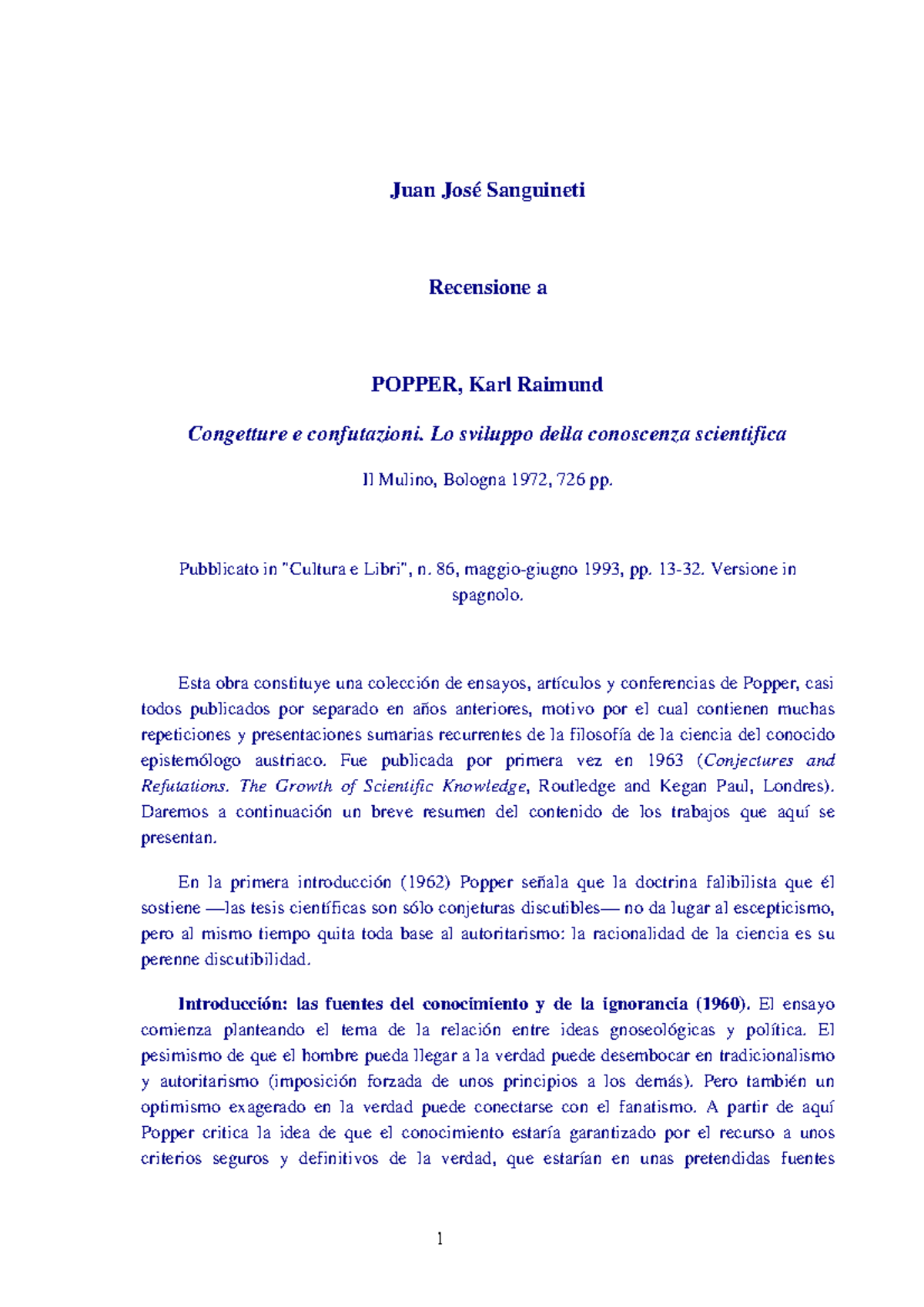 Popper congetture word - Juan José Sanguineti Recensione a POPPER, Karl ...