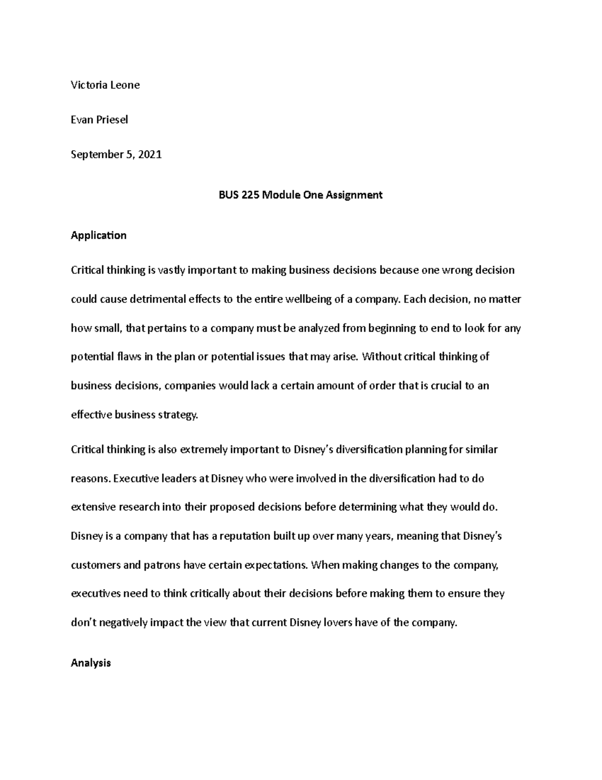 BUS225 Module One Assignment - Victoria Leone Evan Priesel September 5 ...