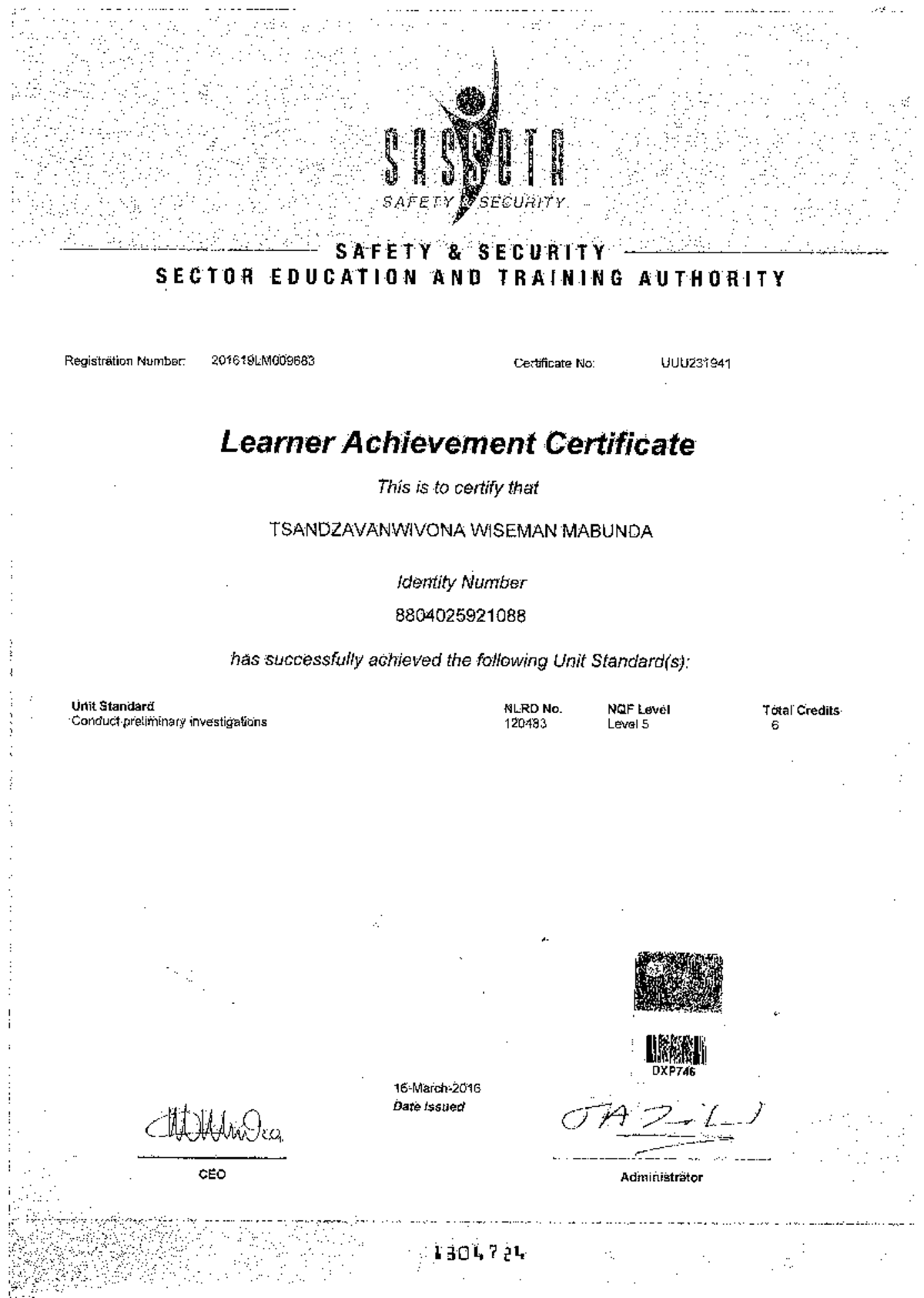 Sasseta Certificate - Law - Pvl2602 - SASSOTA SAFETY SECURITY SAFETY ...