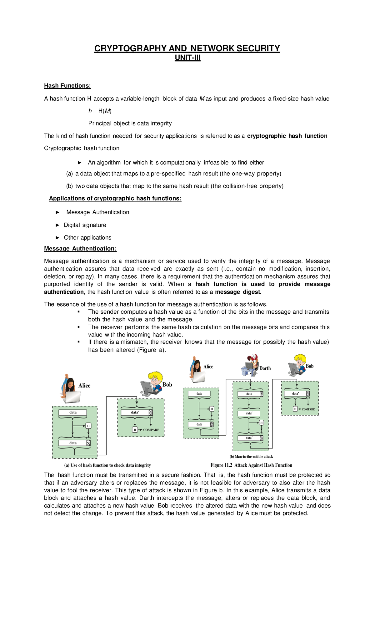 CNS Unit3 - CRYPTOGRAPHY AND NETWORK SECURITY UNIT-III Hash Functions: A hash function H accepts ...