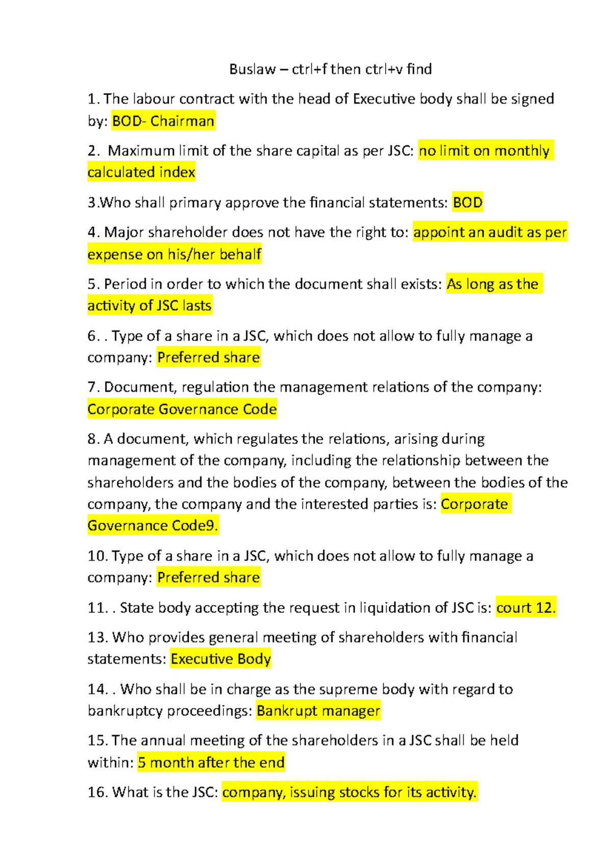 Mid Bus Law - Questions - Buslaw – ctrl+f then ctrl+v find The labour contract with the head of ...