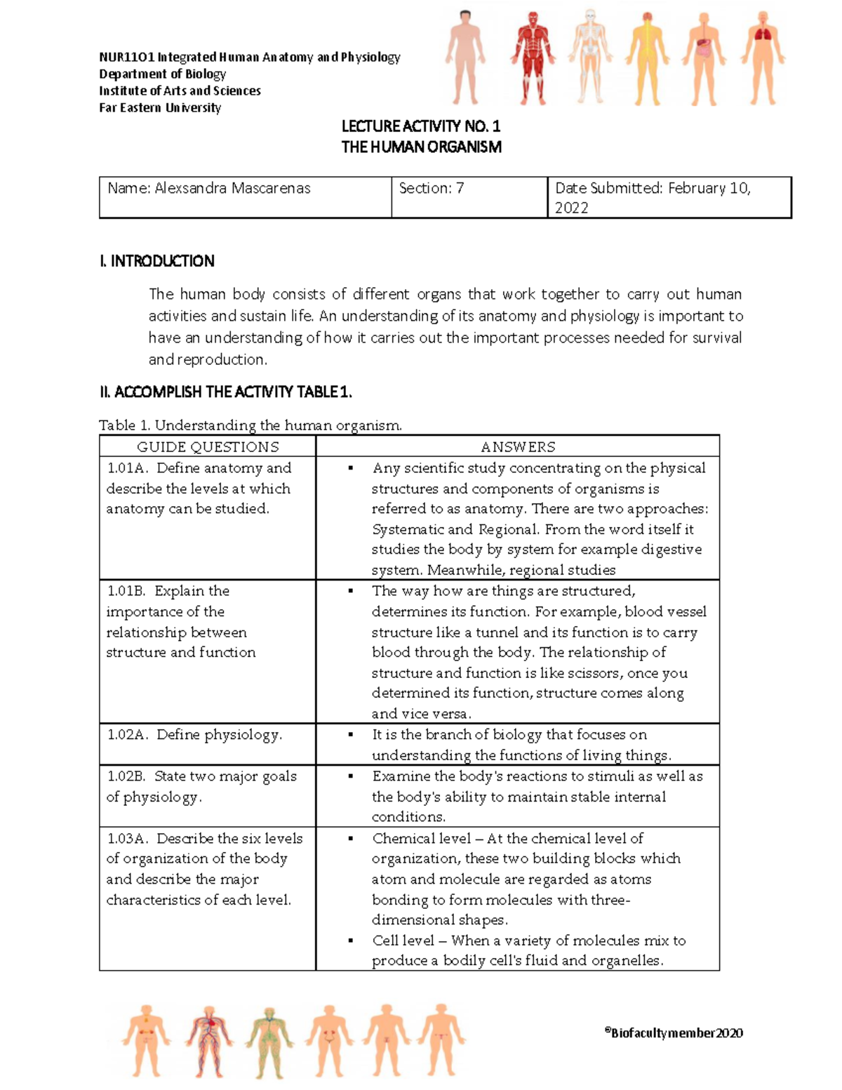 B. LEC Activity NO. 1 The Human Organism - Department of Biology ...