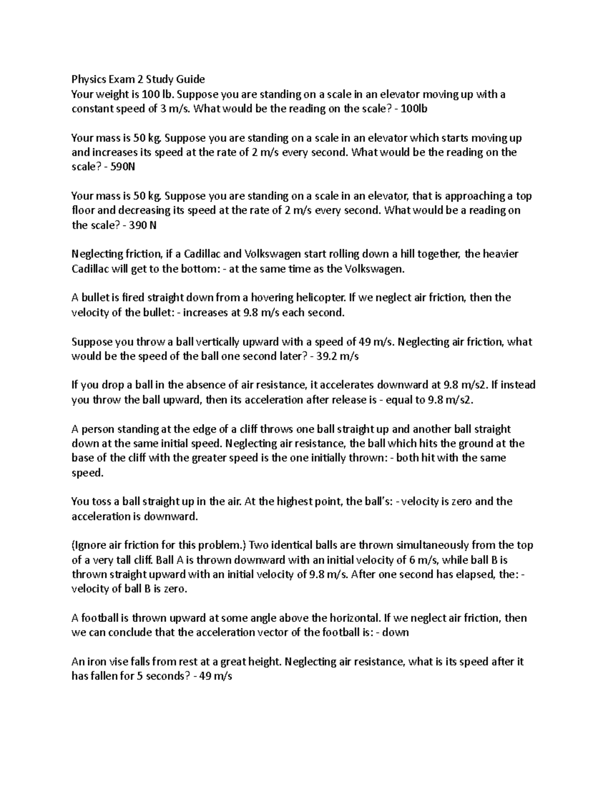 Physics Exam 2 Study Guide - Physics Exam 2 Study Guide Your weight is ...