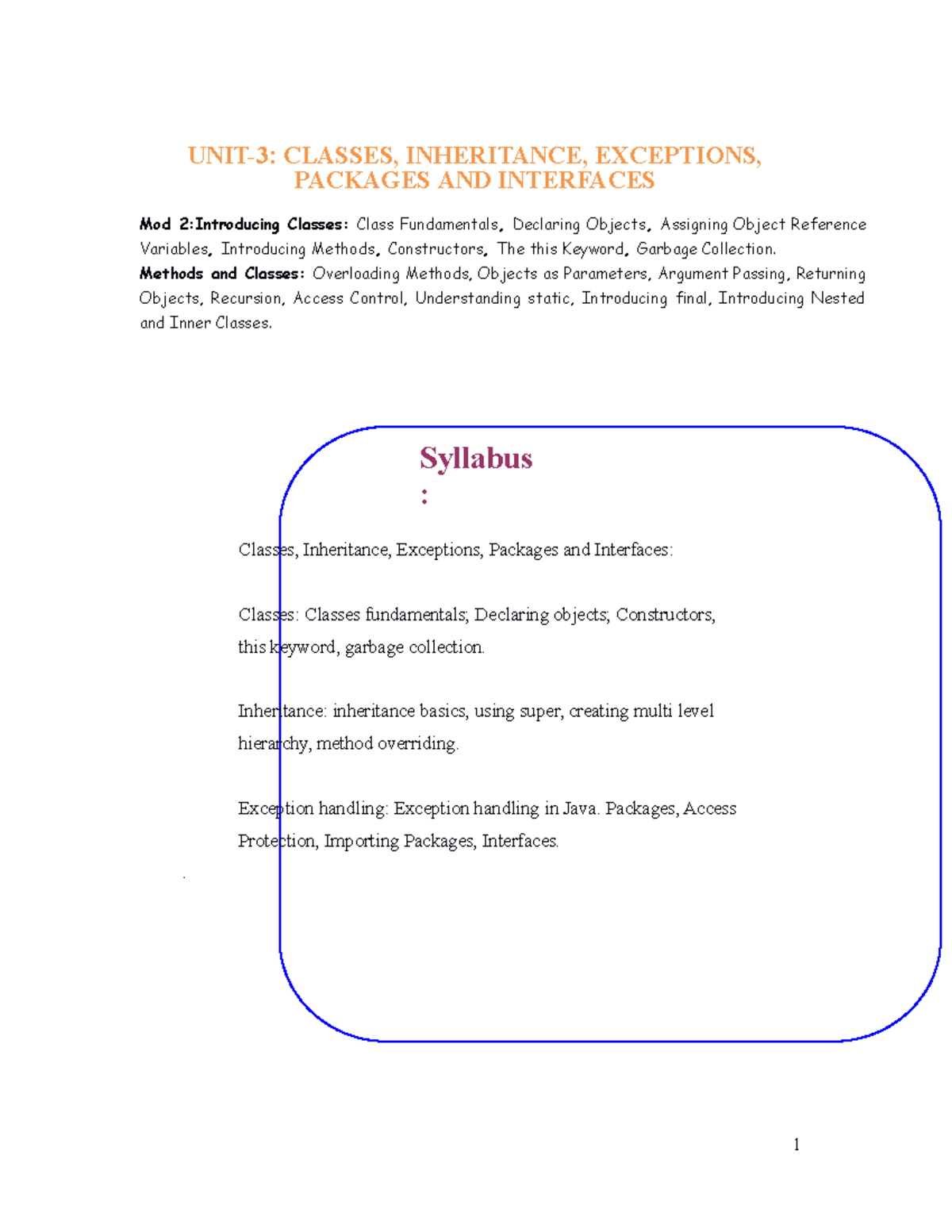 18CS45 Module-3 - Copy - Copy - Syllabus : Classes, Inheritance, Exceptions, Packages and - Studocu
